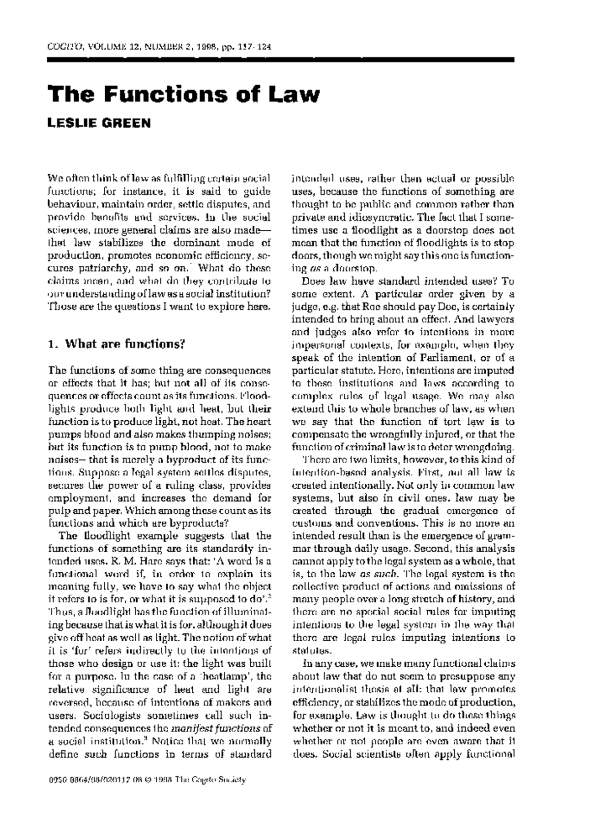 The Functions of Law - COGITO, VOLUME 12, NUMBER 2, 1!l98, pp. 117124 ...