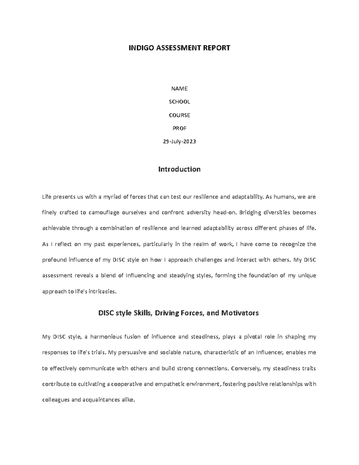 Indigo Assessment FOR Revise - INDIGO ASSESSMENT REPORT NAME SCHOOL ...