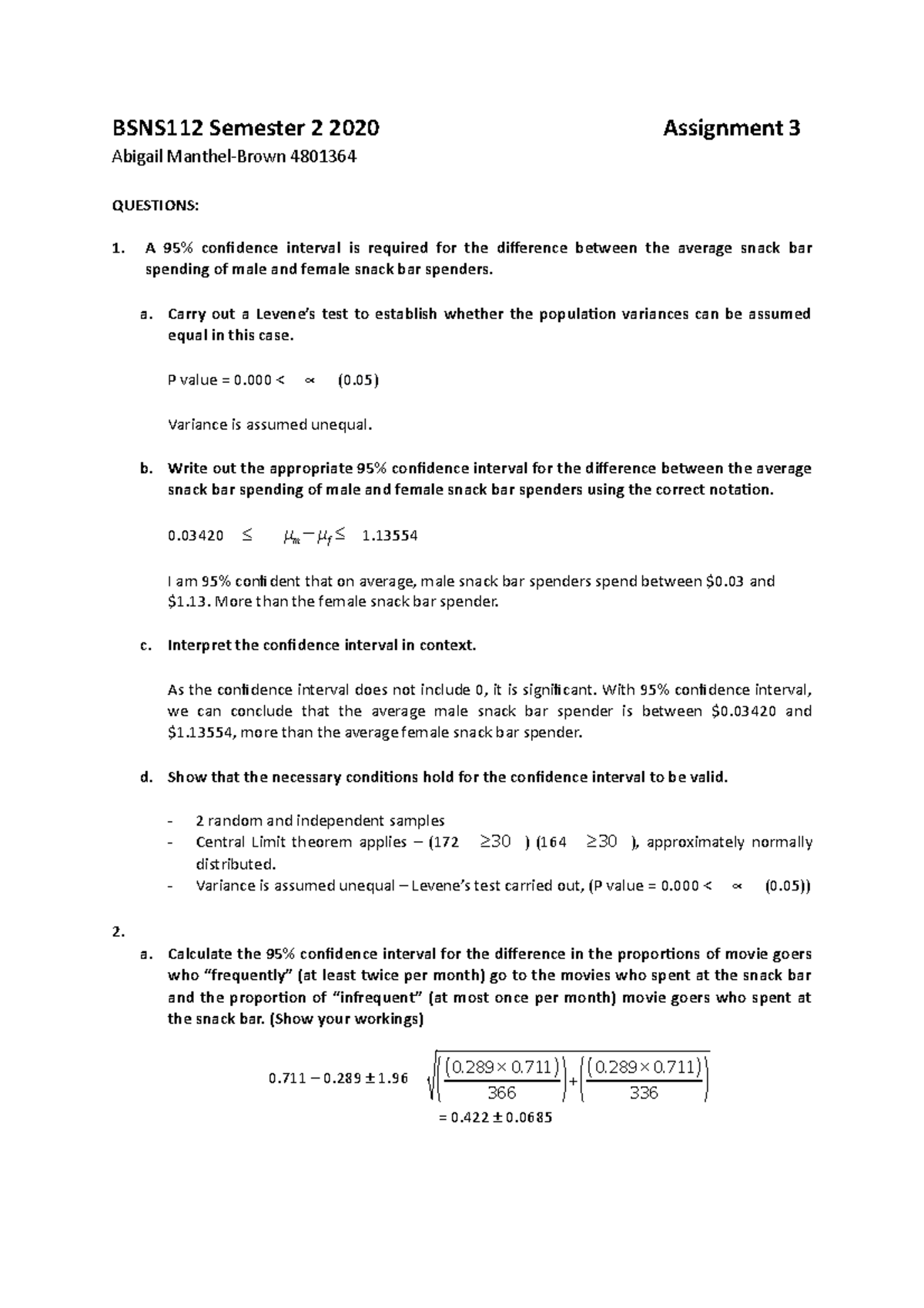 BSNS112 Assignment Three (Graded A) - BSNS112 Semester 2 2020 Assignment 3 Abigail Manthel-Brown ...