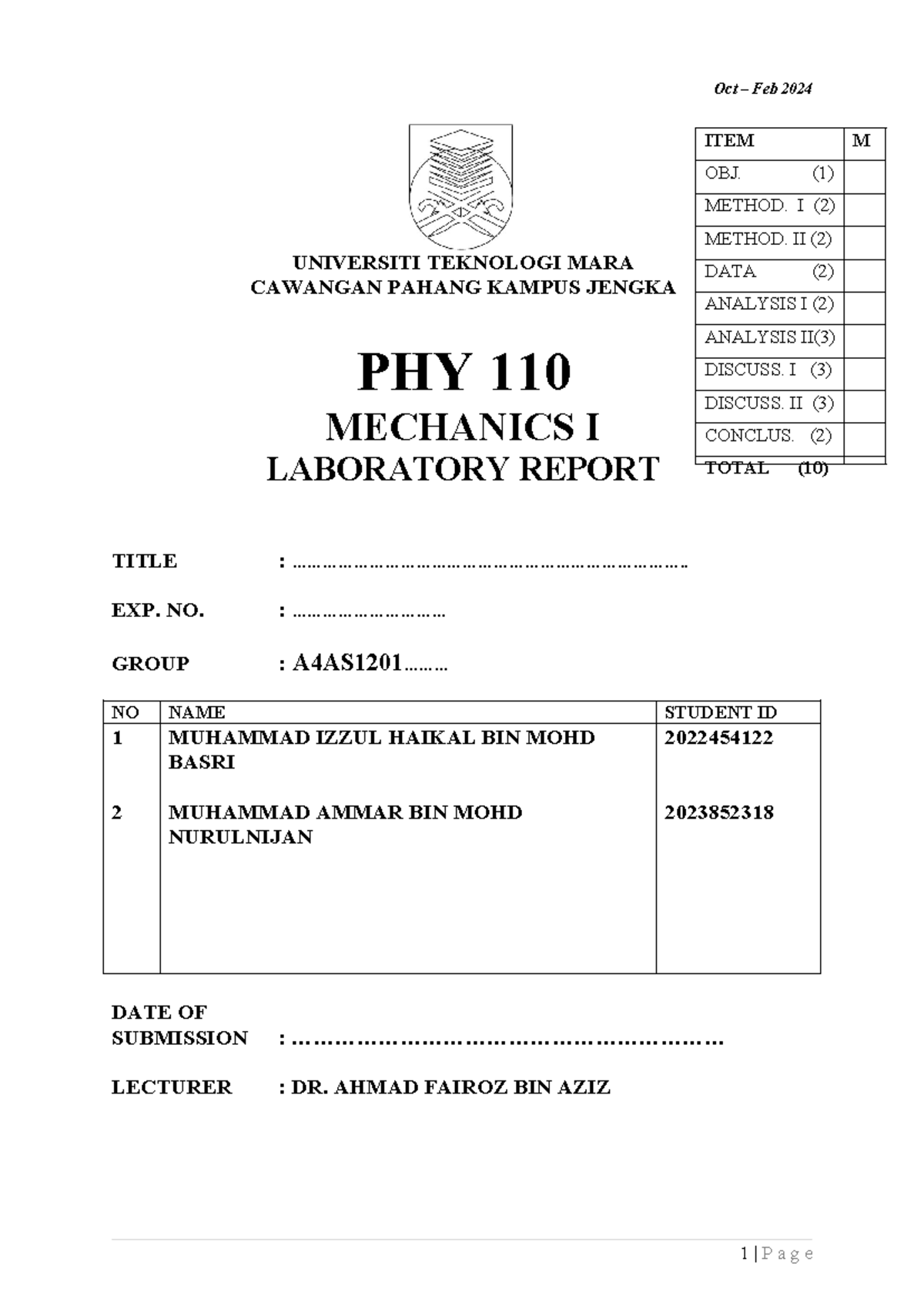 PHY 110 Lab report cover - UNIVERSITI TEKNOLOGI MARA CAWANGAN PAHANG KAMPUS JENGKA PHY 110 ...