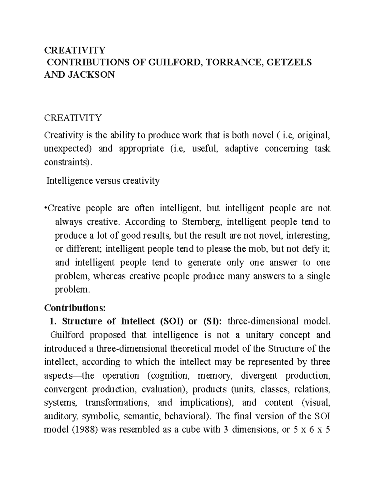 Creativity - Lecture notes . - CREATIVITY CONTRIBUTIONS OF GUILFORD ...