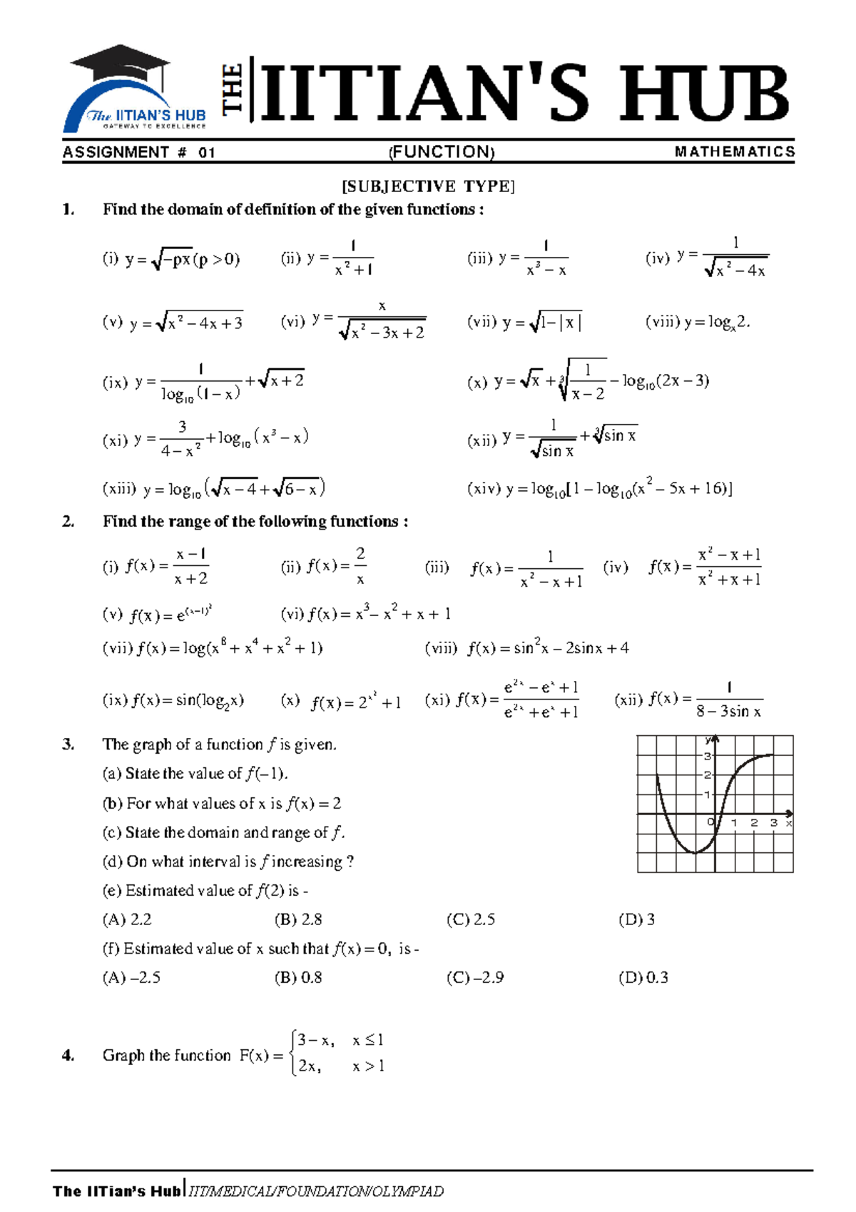 Function Assignments - Maths - [SUBJECTIVE TYPE] Find the domain of definition of the given ...