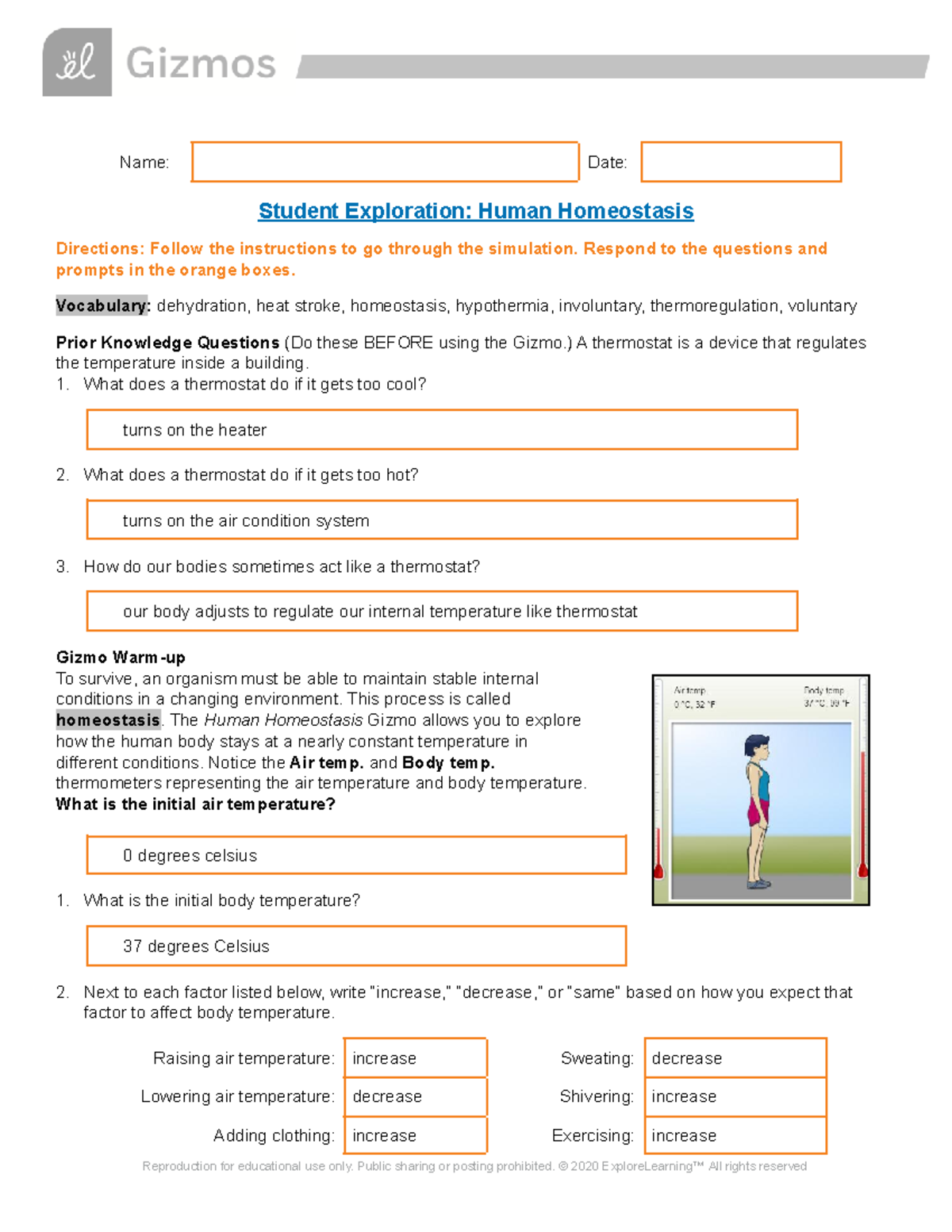 Copy of 2aa - Human Homeostasis Gizmo Evaluation - Name: Date: Student ...