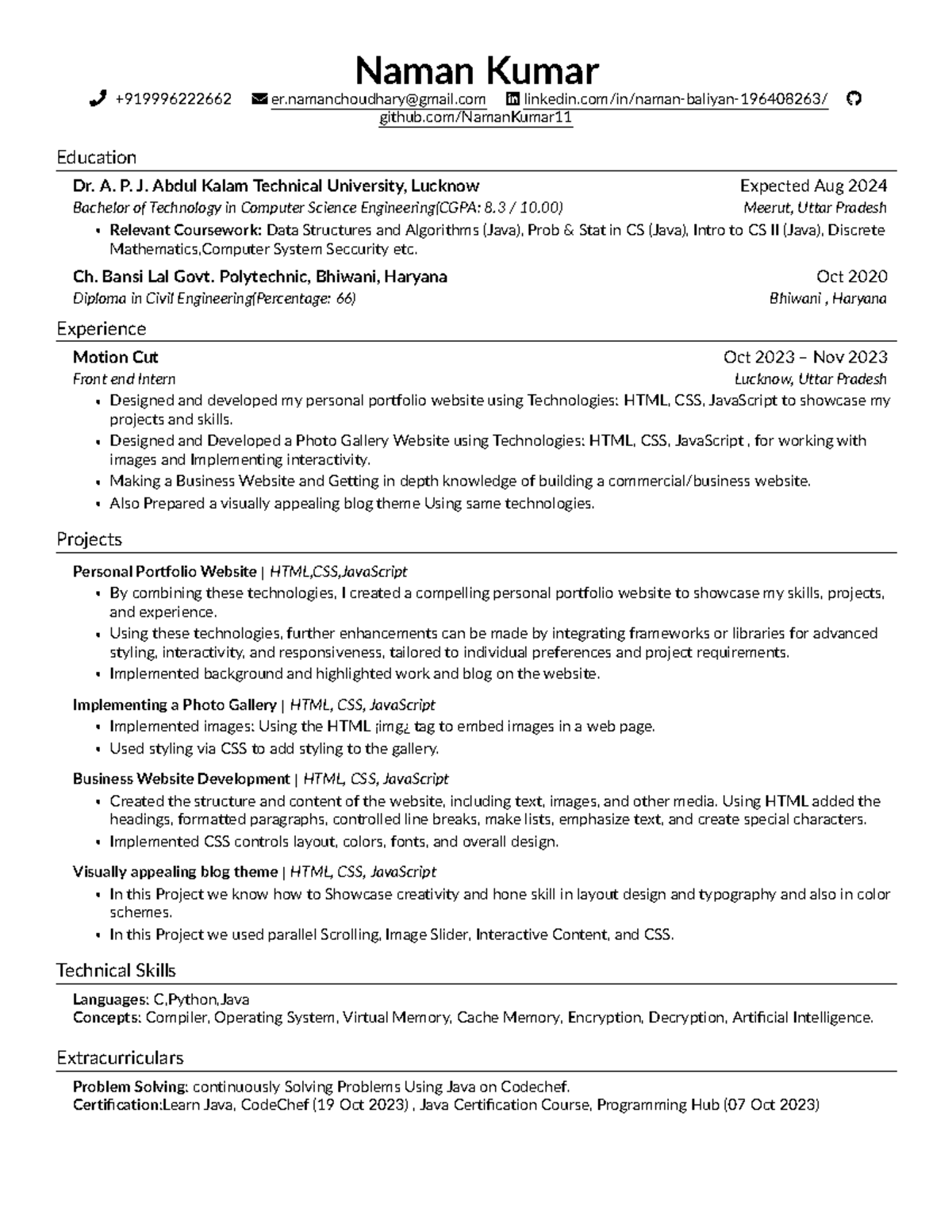 NResume - Summary Bachelor of Technology - Naman Kumar +919996222662 # er@gmail ï - Studocu