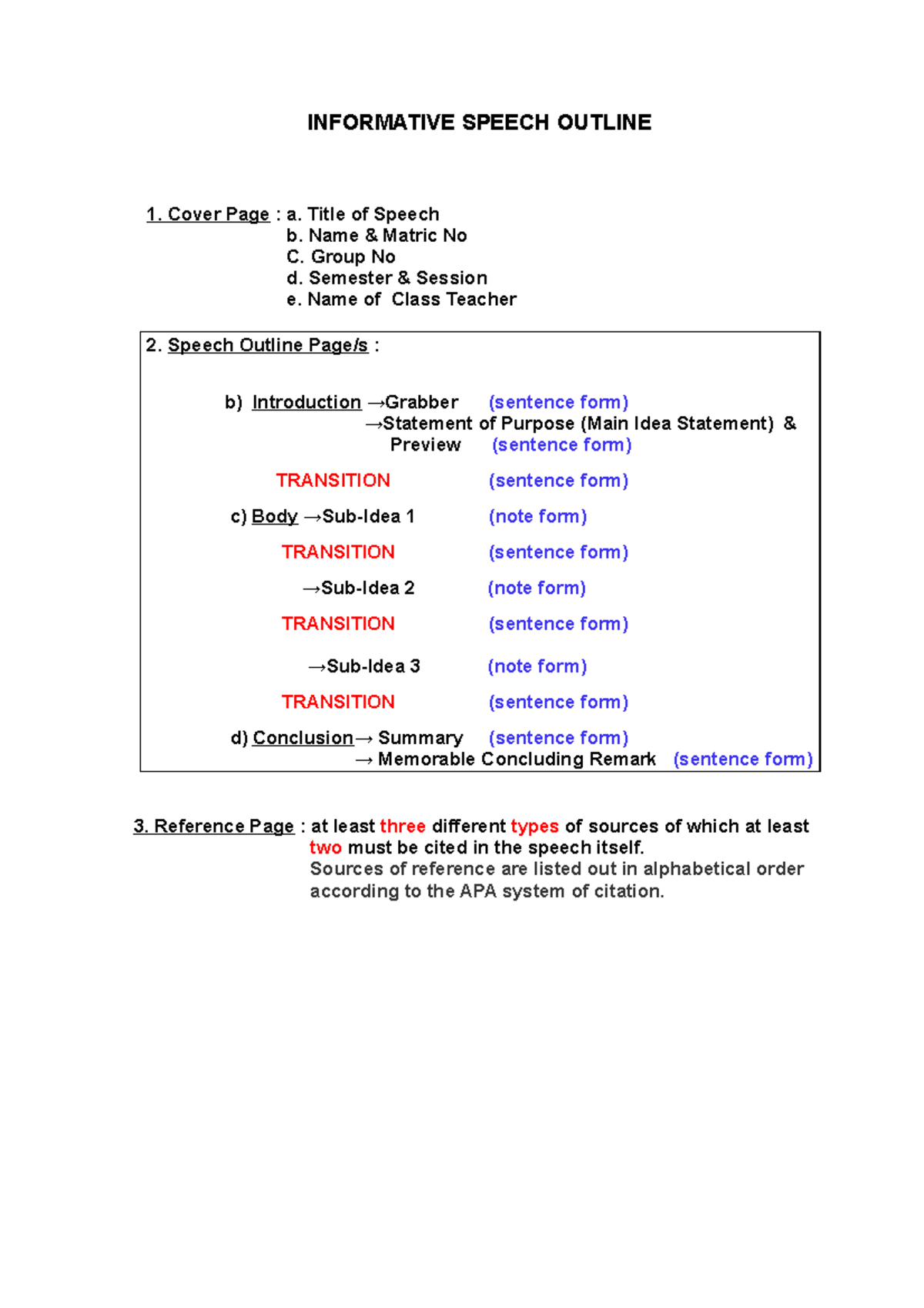 Format OF Informative Speech Outline - INFORMATIVE SPEECH OUTLINE Cover ...