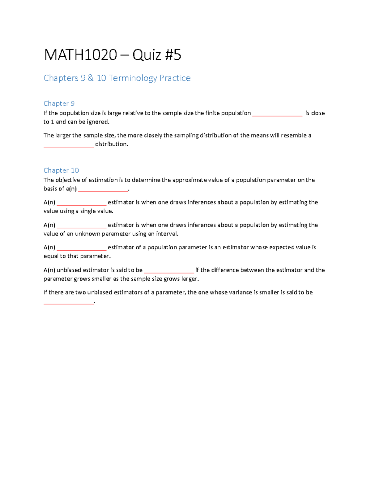 MATH1020 Ch 9 and 10 Terminology Practice - MATH1020 – Quiz Chapters 9 & 10 Terminology Practice ...