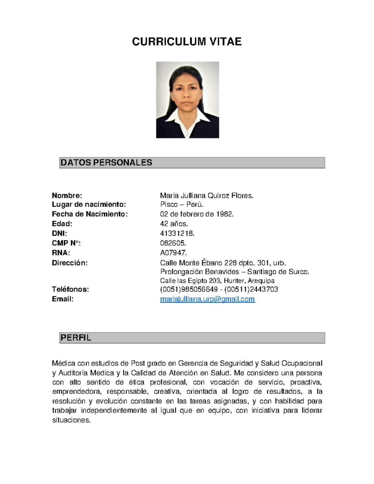 CV - Dra. Maria Quiroz - medicina - CURRICULUM VITAE DATOS PERSONALES Nombre: María Julliana ...