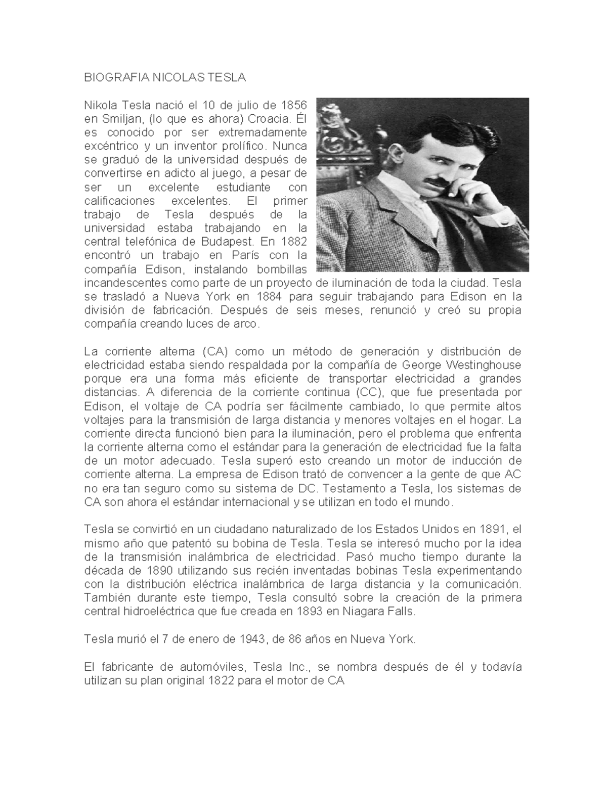 Biografía Nicolas tesla - BIOGRAFIA NICOLAS TESLA Nikola Tesla nació el ...