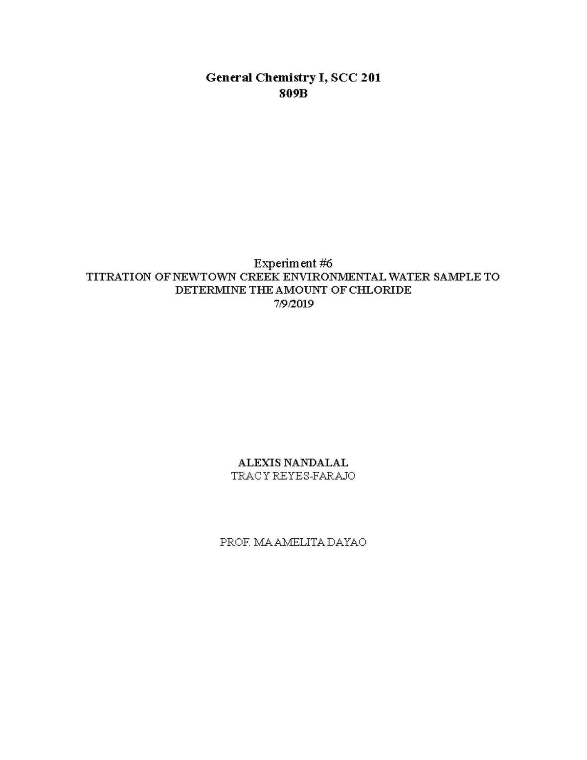 Chem 201 Experiment 6 - General Chemistry I, SCC 201 809B Experiment ...