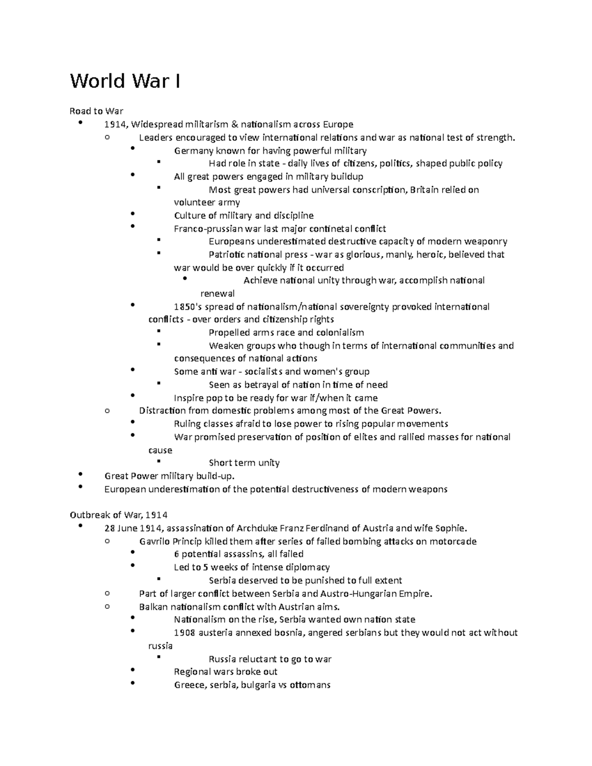 Lecture 10 - World War I - World War I Road to War 1914, Widespread ...