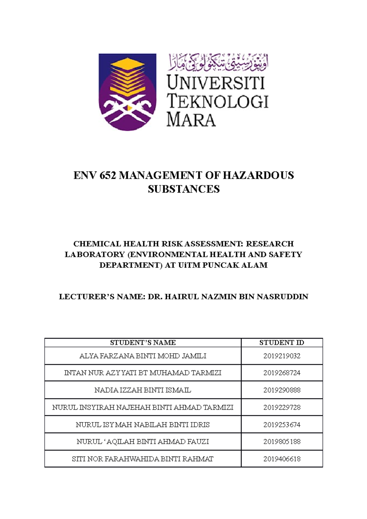 CHRA - report chra - ENV 652 MANAGEMENT OF HAZARDOUS SUBSTANCES ...