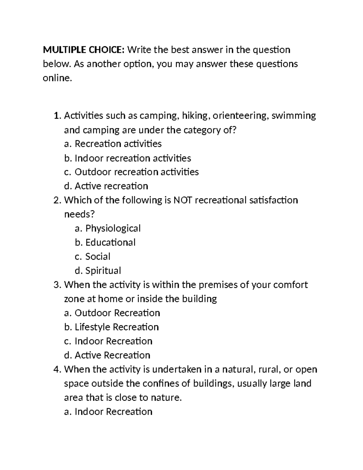 Activity in PE - weekly modules - MULTIPLE CHOICE: Write the best ...