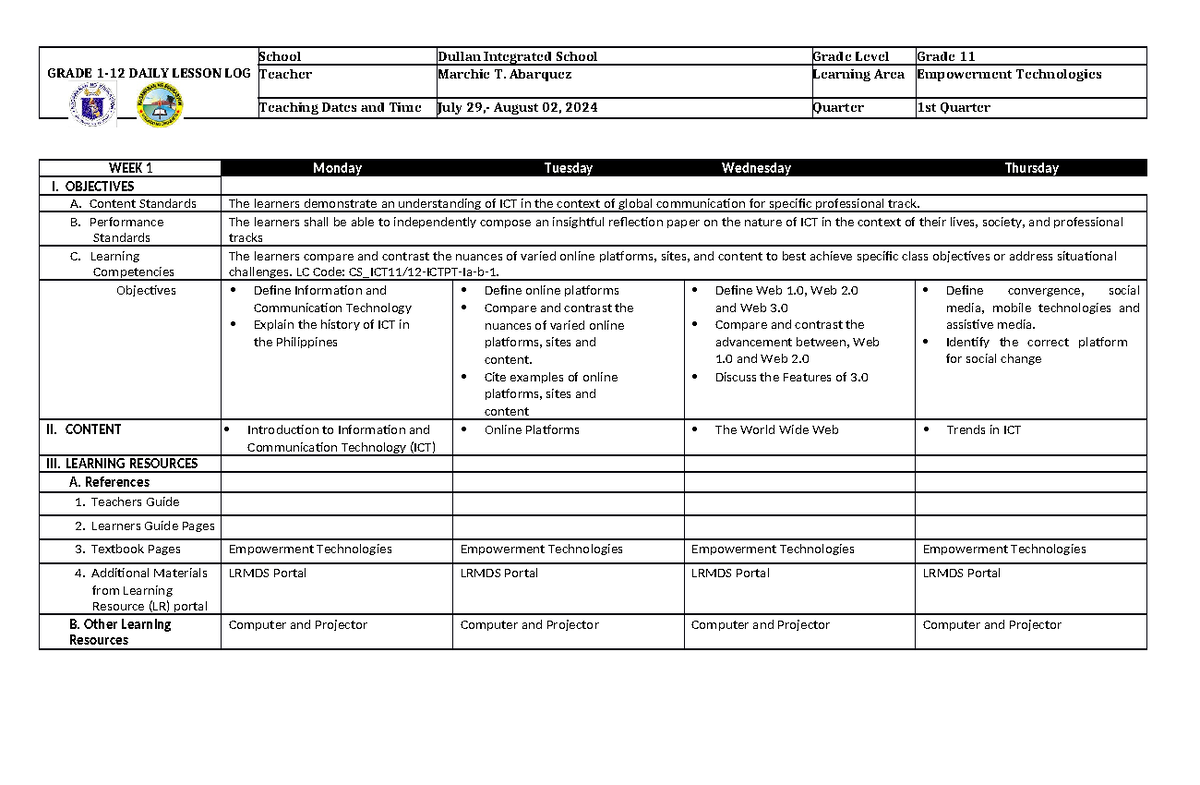 Week 1 - emptech - GRADE 1-12 DAILY LESSON LOG School Dullan Integrated School Grade Level Grade ...