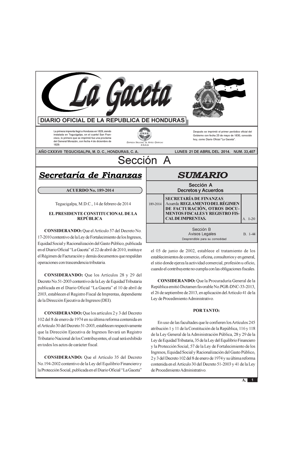 Acuerdo 189-2014 Regimen DE Facturacion de honduras revision ...