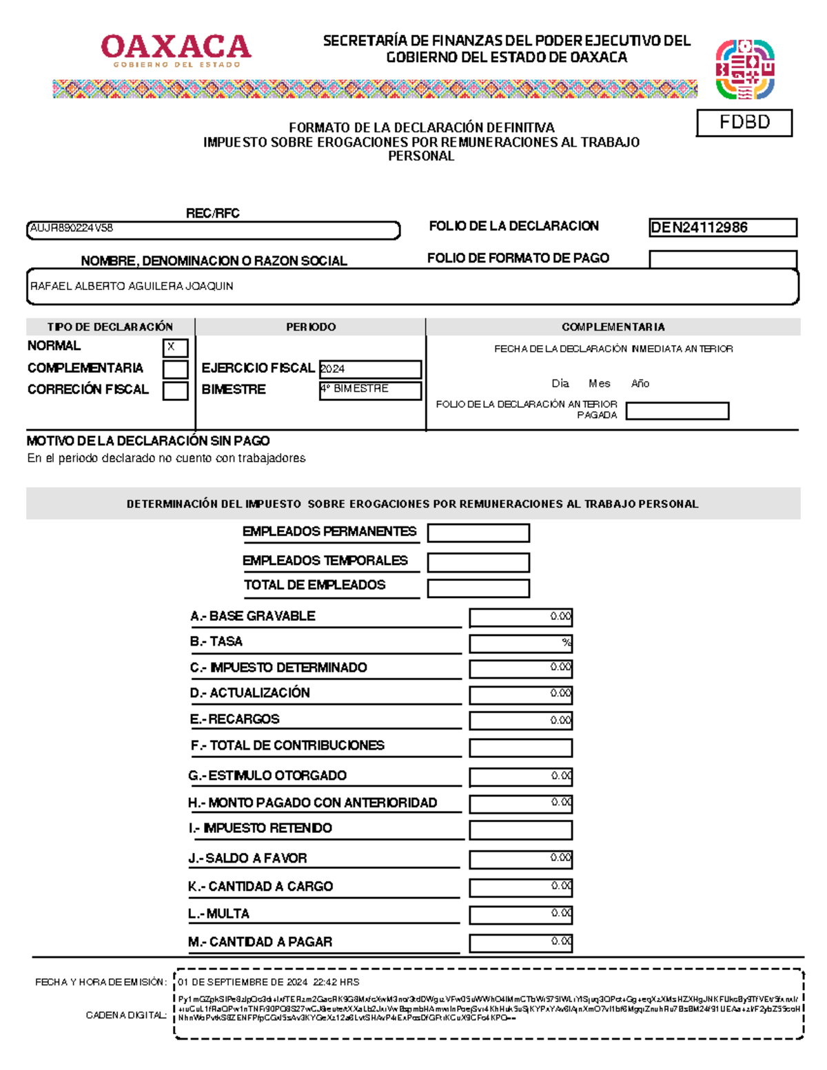 4TO Bimestre ARQ Rafael Alberto 2024 - FORMATO DE LA DECLARACIÓN ...