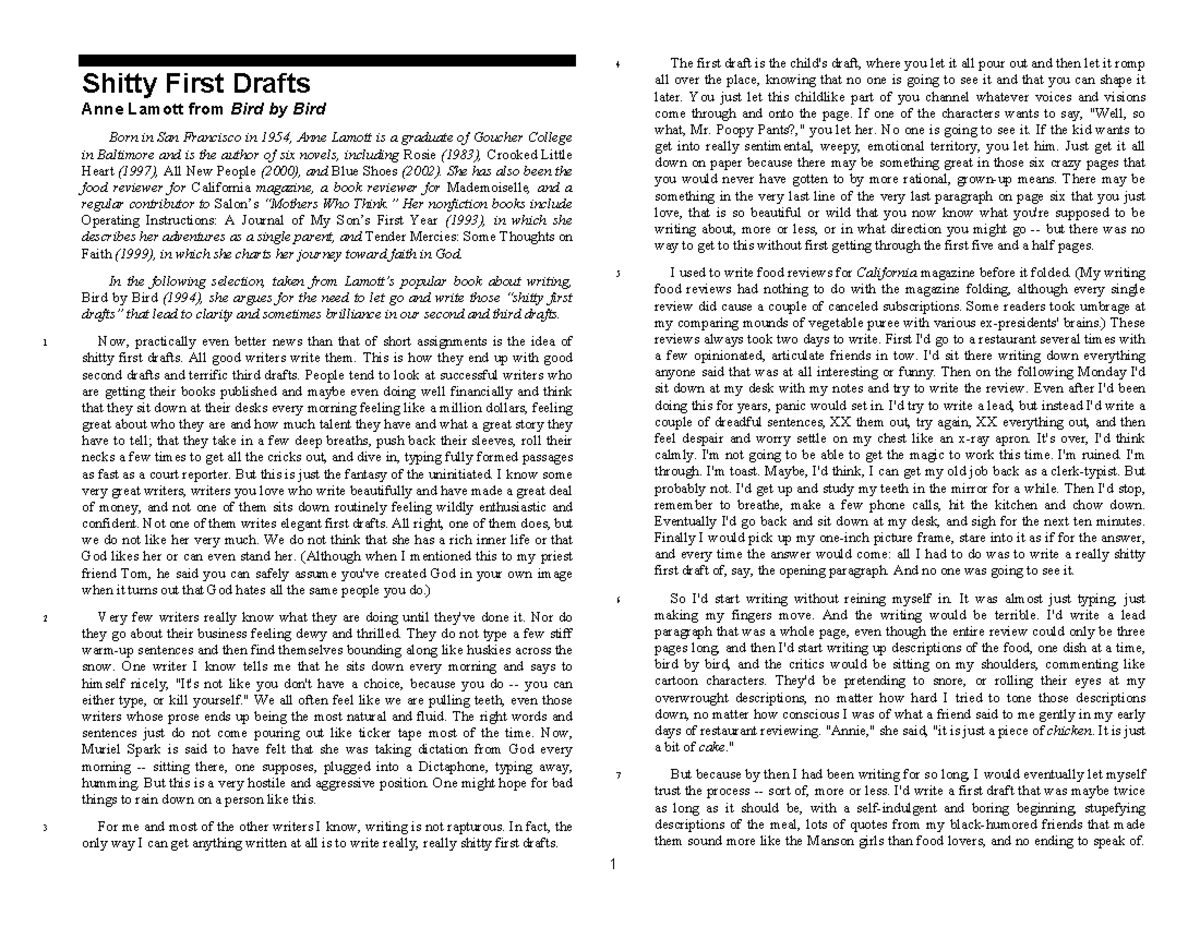 Lamott - Shitty First Drafts - 1 Shitty First Drafts Anne Lamott from Bird by Bird Born in San ...