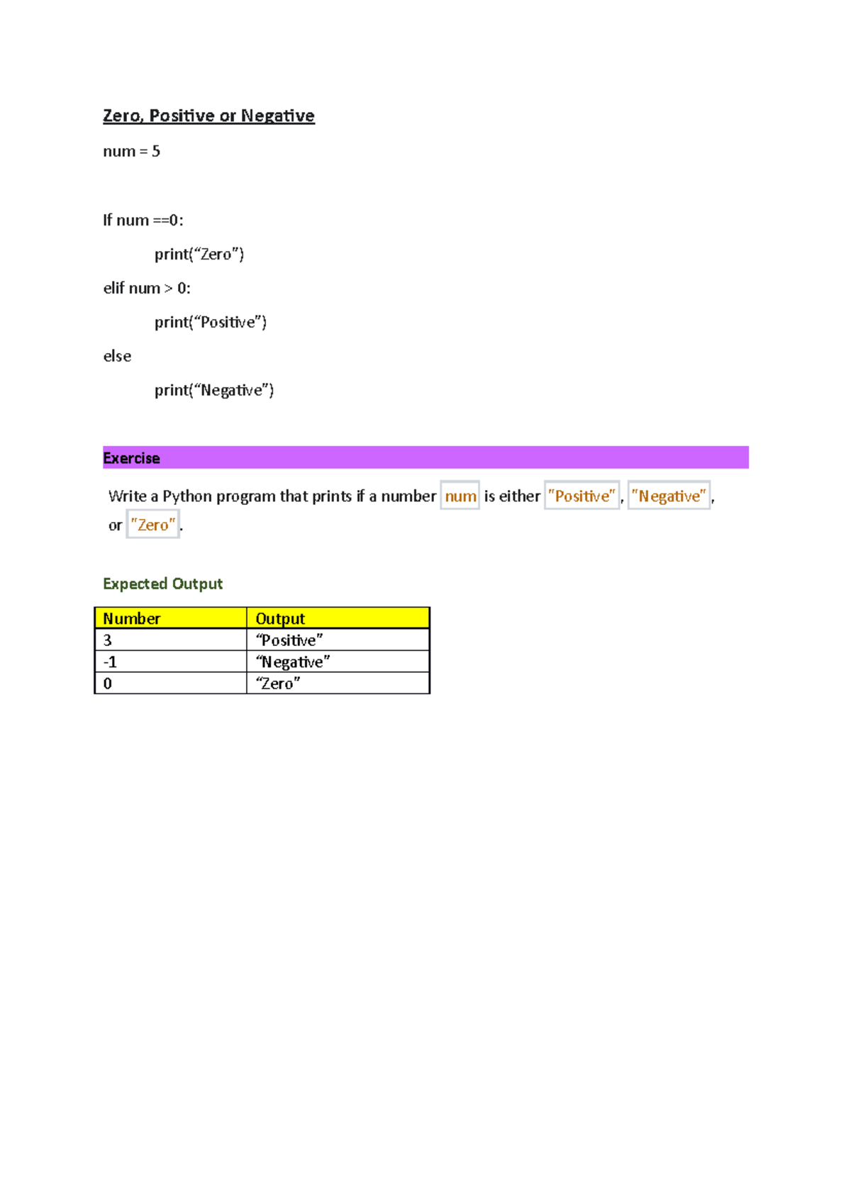 Python exercises (Programs with Conditionals Level 1) - Zero, Positive ...