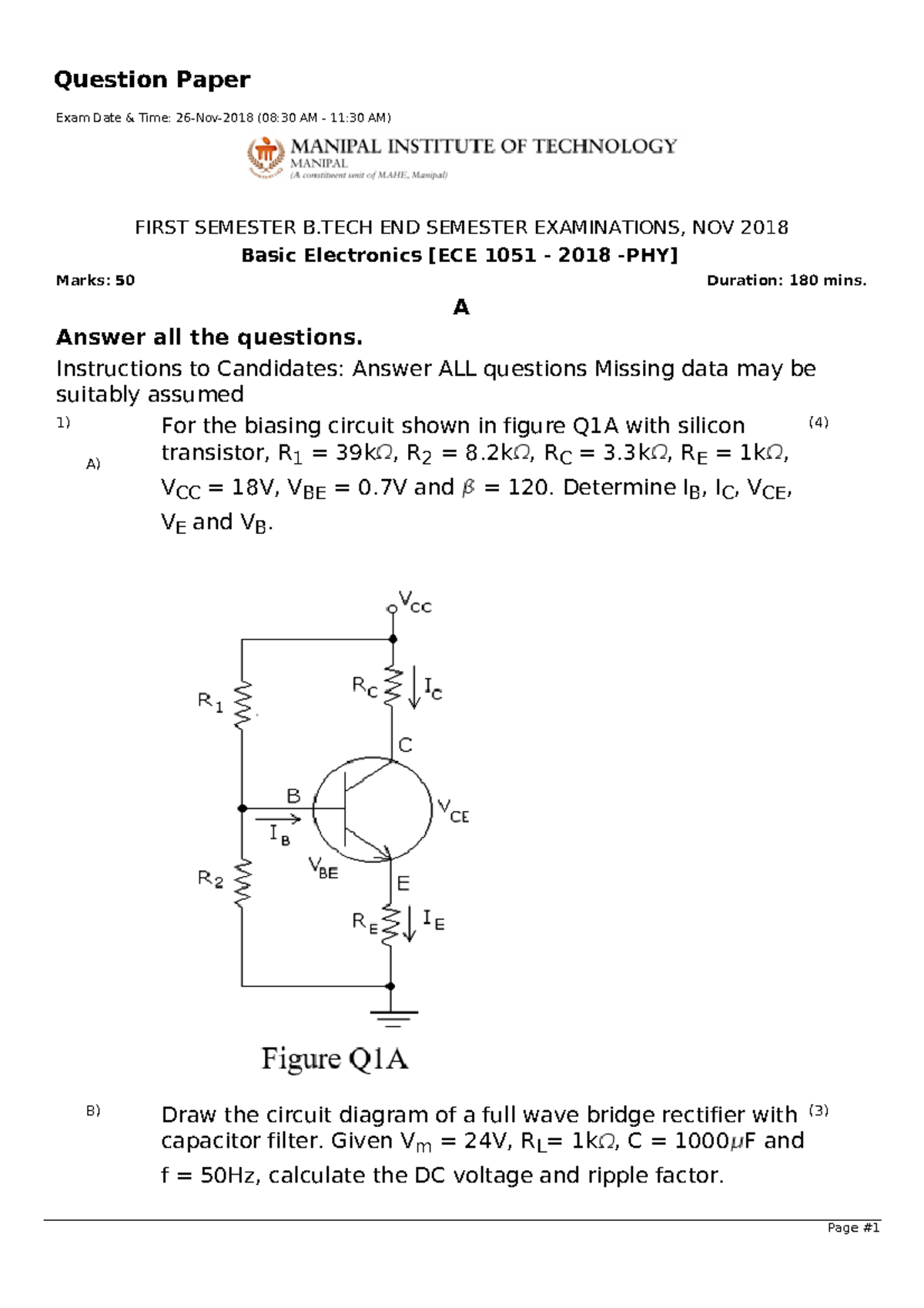 Basic Electronics (ECE 1051) - A) B) Question Paper Exam Date & Time ...