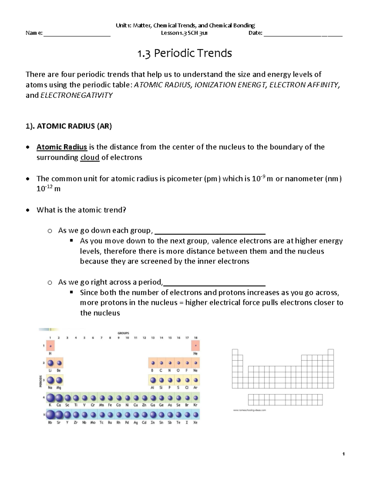 1.3 - Periodic Trends Student - Name: ______________________ Lesson 1 ...