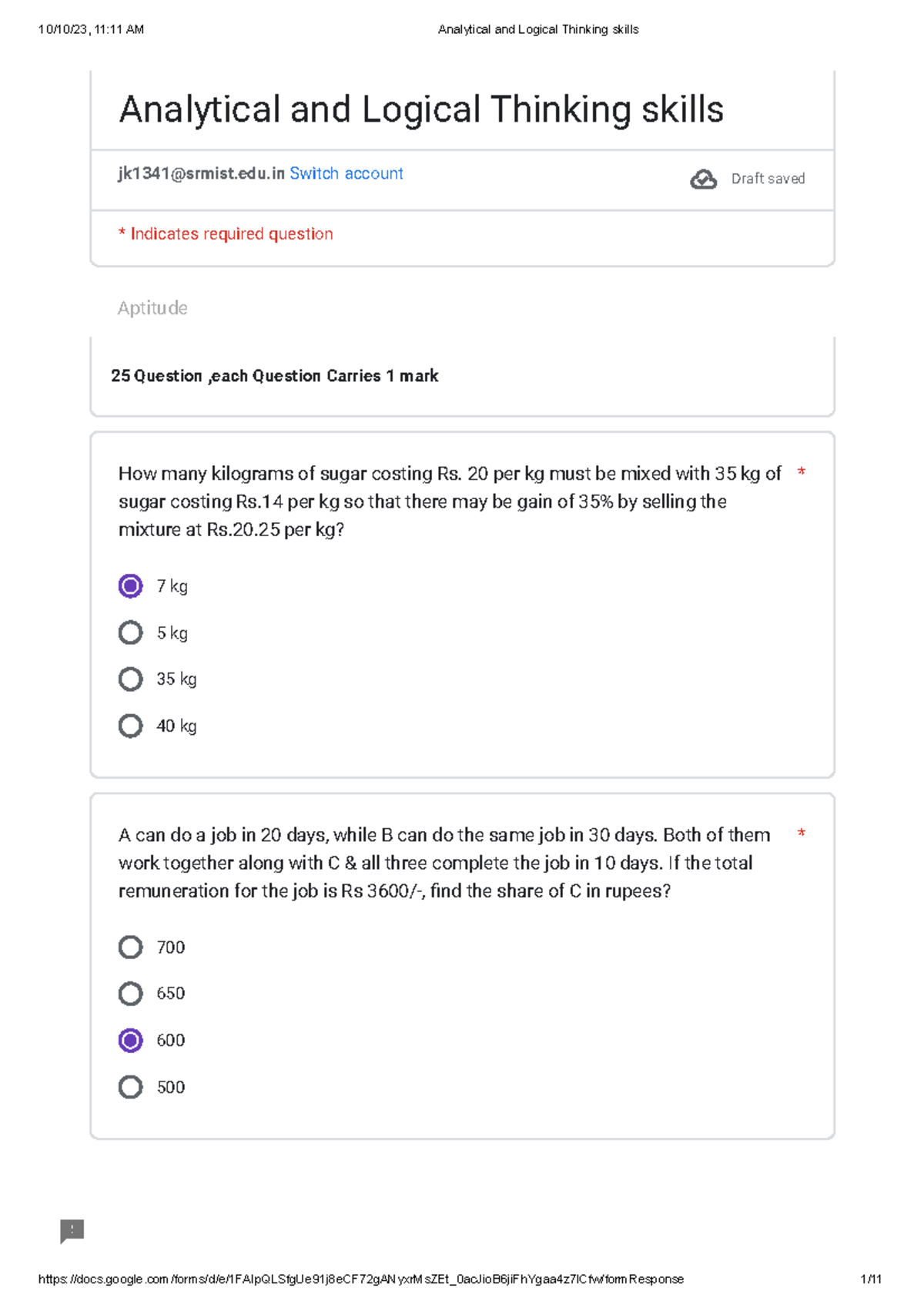 Analytical and Logical Thinking skills - Aptitude 25 Question ,each ...