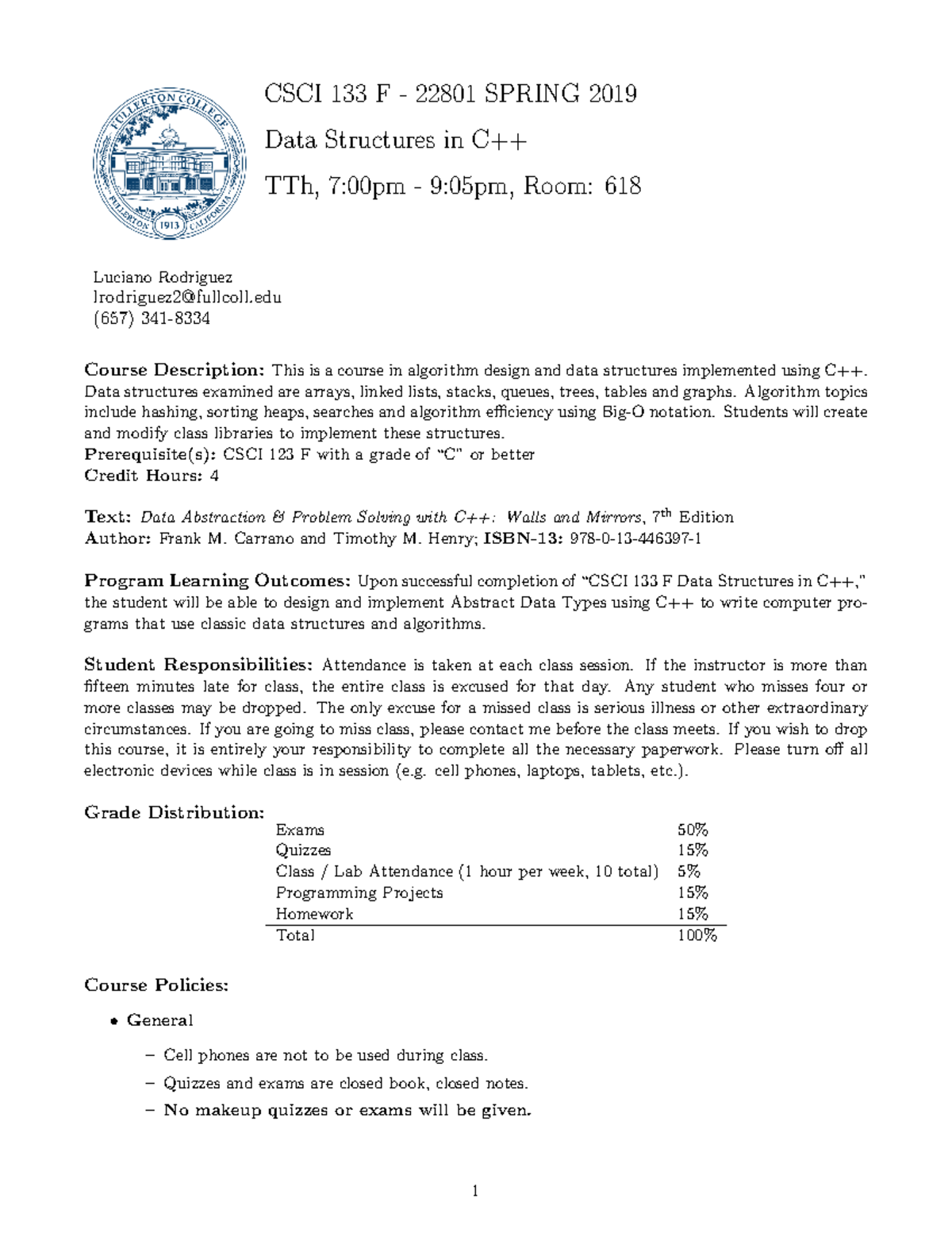 Csci133f Spring 2019 22801 Syllabus Csci 133 F 22801 Spring 2019 Data Structures In C Tth