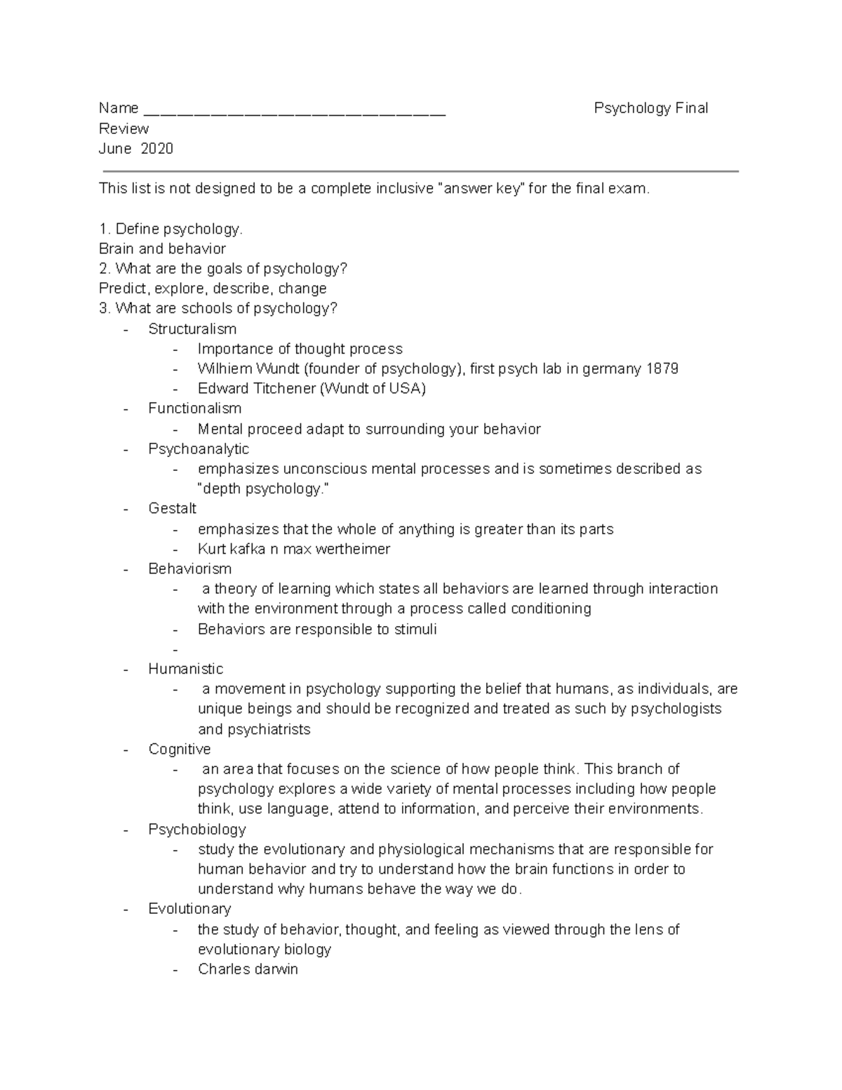 Psychology Final Review - Name ...