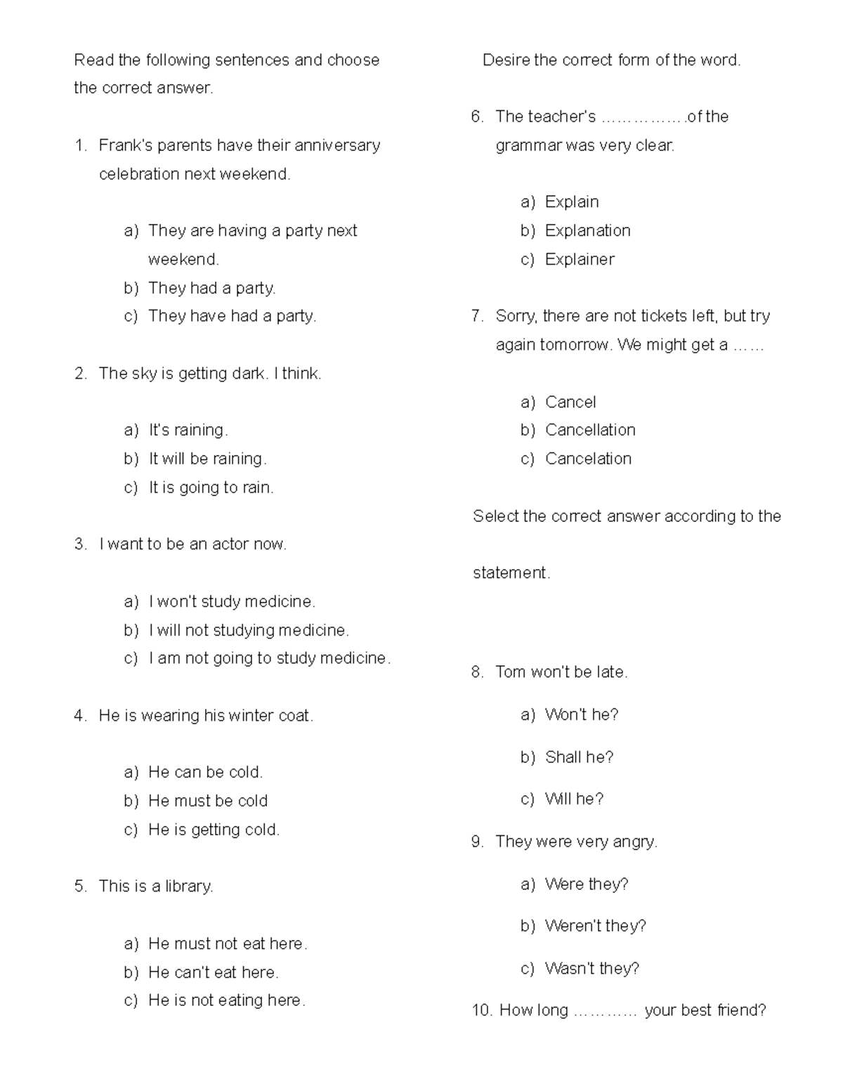 Grammar Study Practice - Read the following sentences and choose the ...