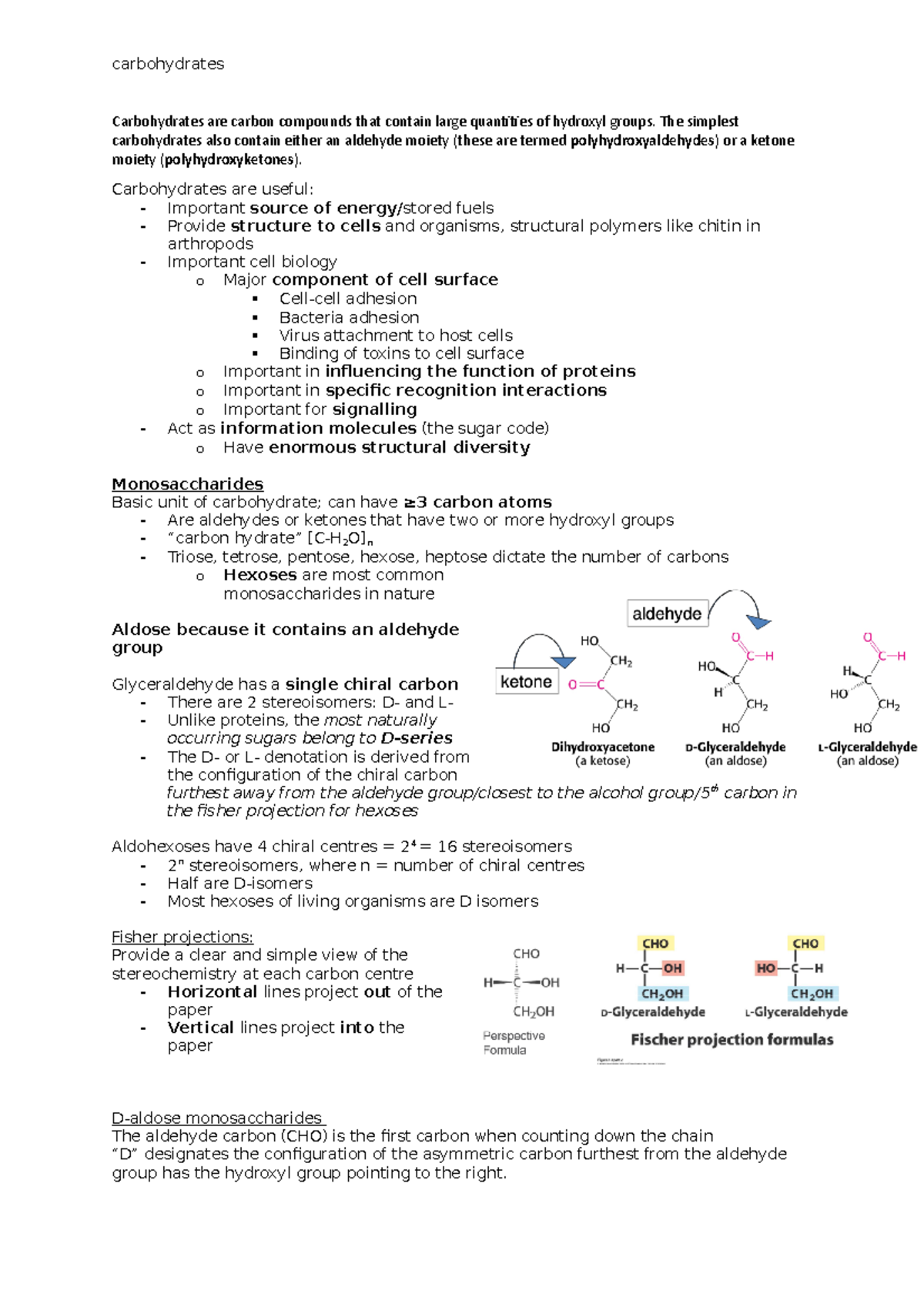 Biochem - carbohydrates summary - Carbohydrates are carbon compounds ...