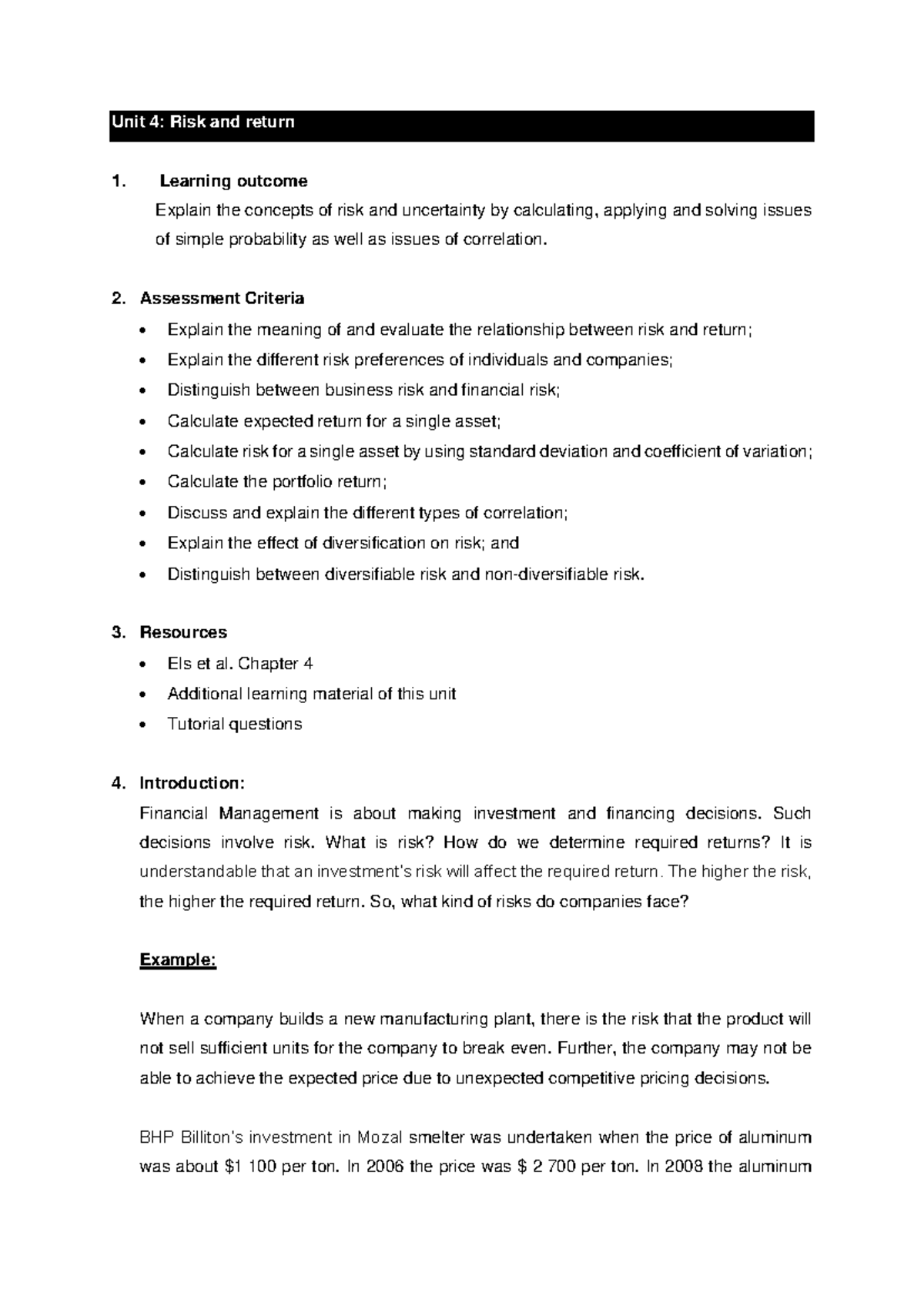 Unit 4 Learning material - Unit 4: Risk and return Learning outcome ...