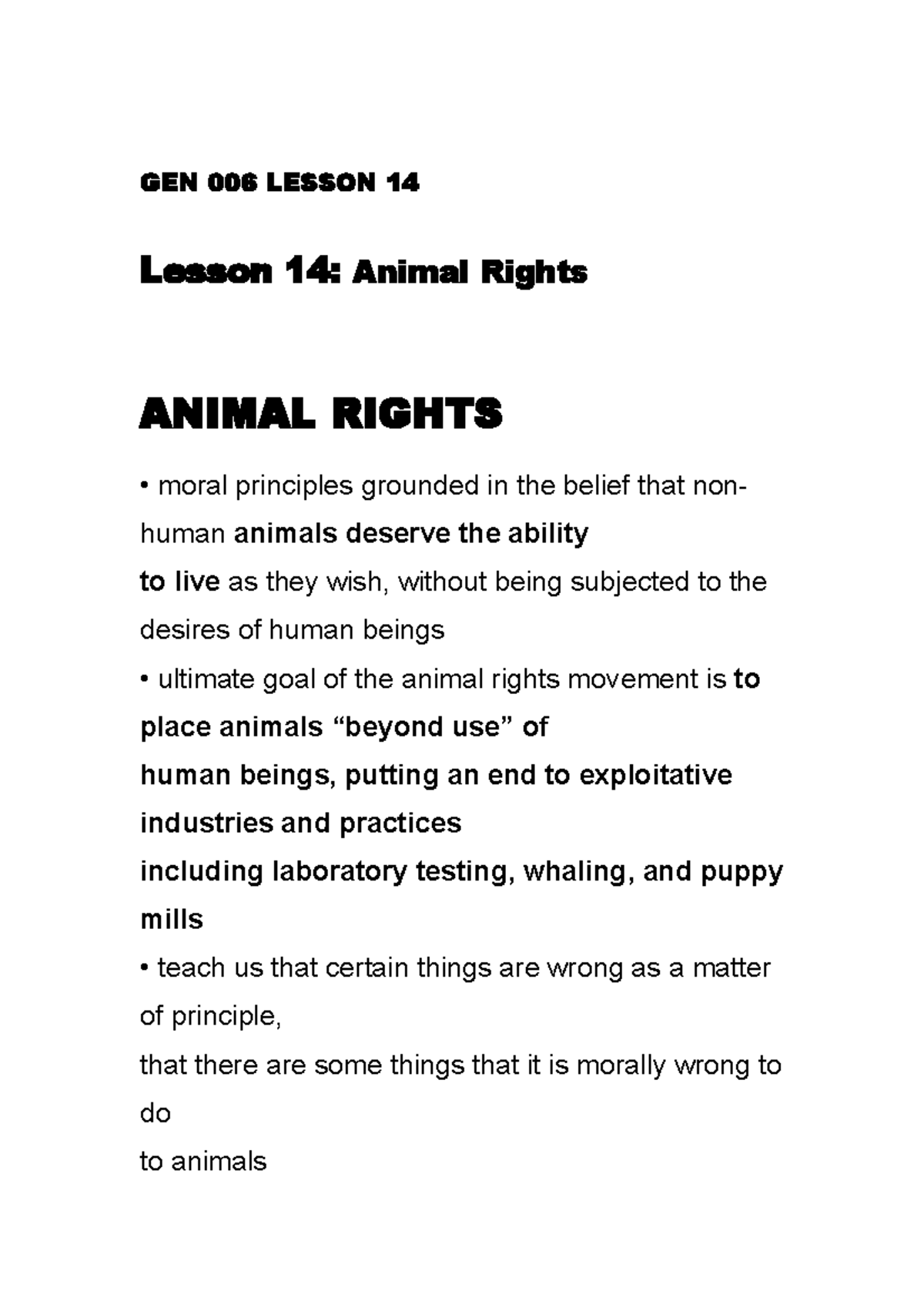 GEN 006 Lesson 14 Animal Rights - GEN 006 LESSON 14 Lesson 14 : Animal ...
