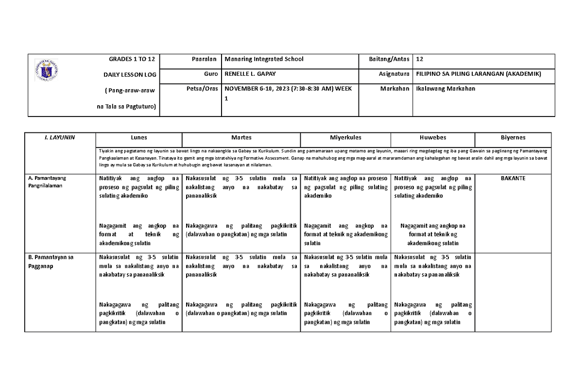 DLL Filipino 2ND Quarter WEEK 1 - GRADES 1 TO 12 DAILY LESSON LOG ...