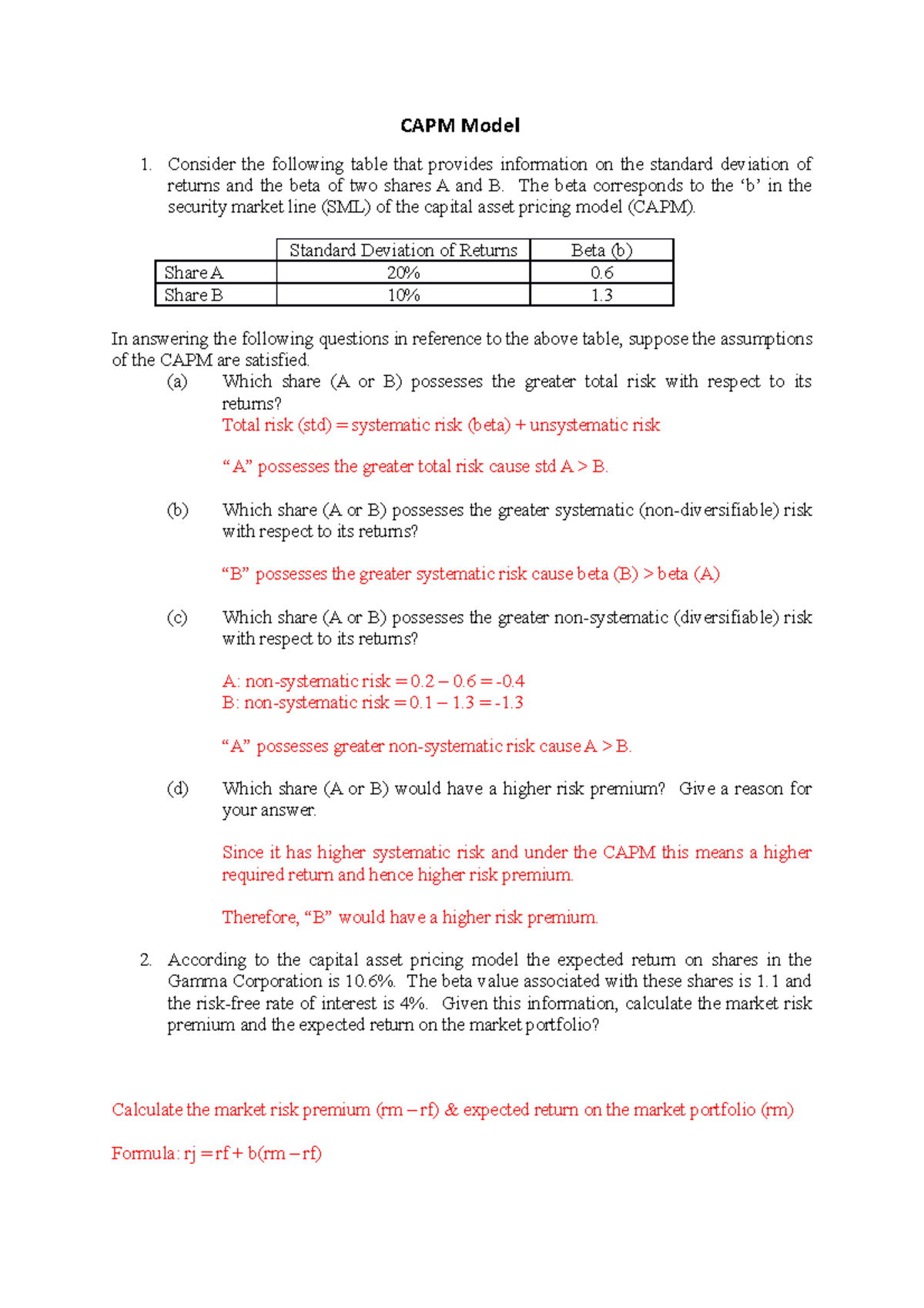Tutorial exercise - CAPM Model Consider the following table that ...