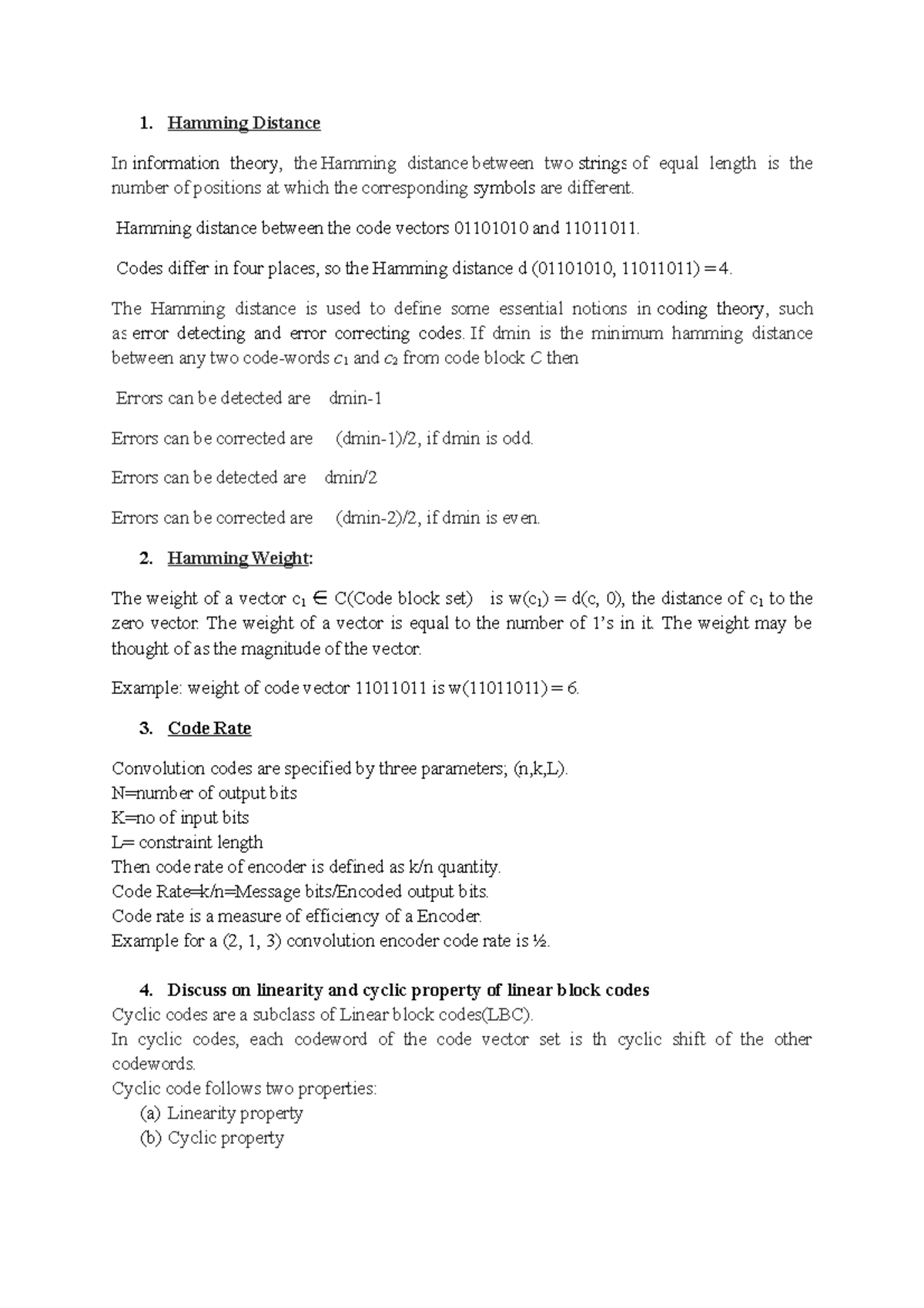 Dcom notes 2 - Mix Topics - Hamming Distance In information theory, the ...