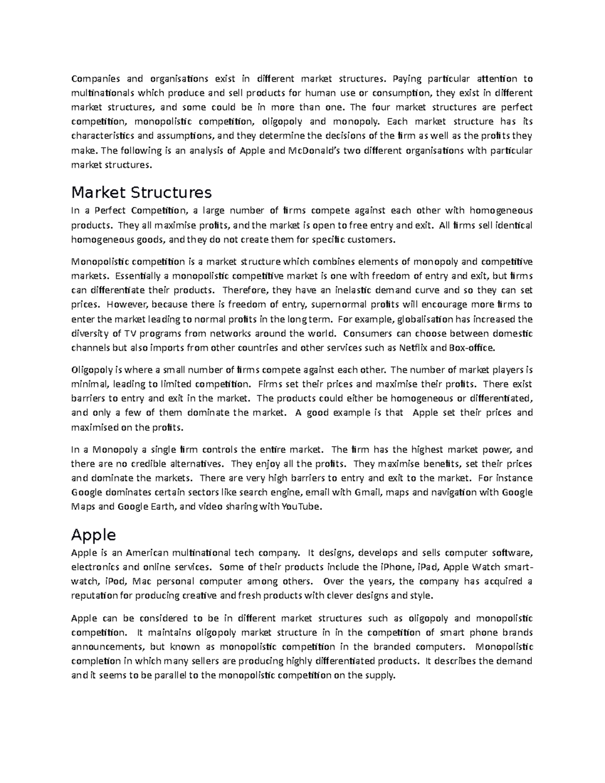 Understanding of market structures within the business environment ...