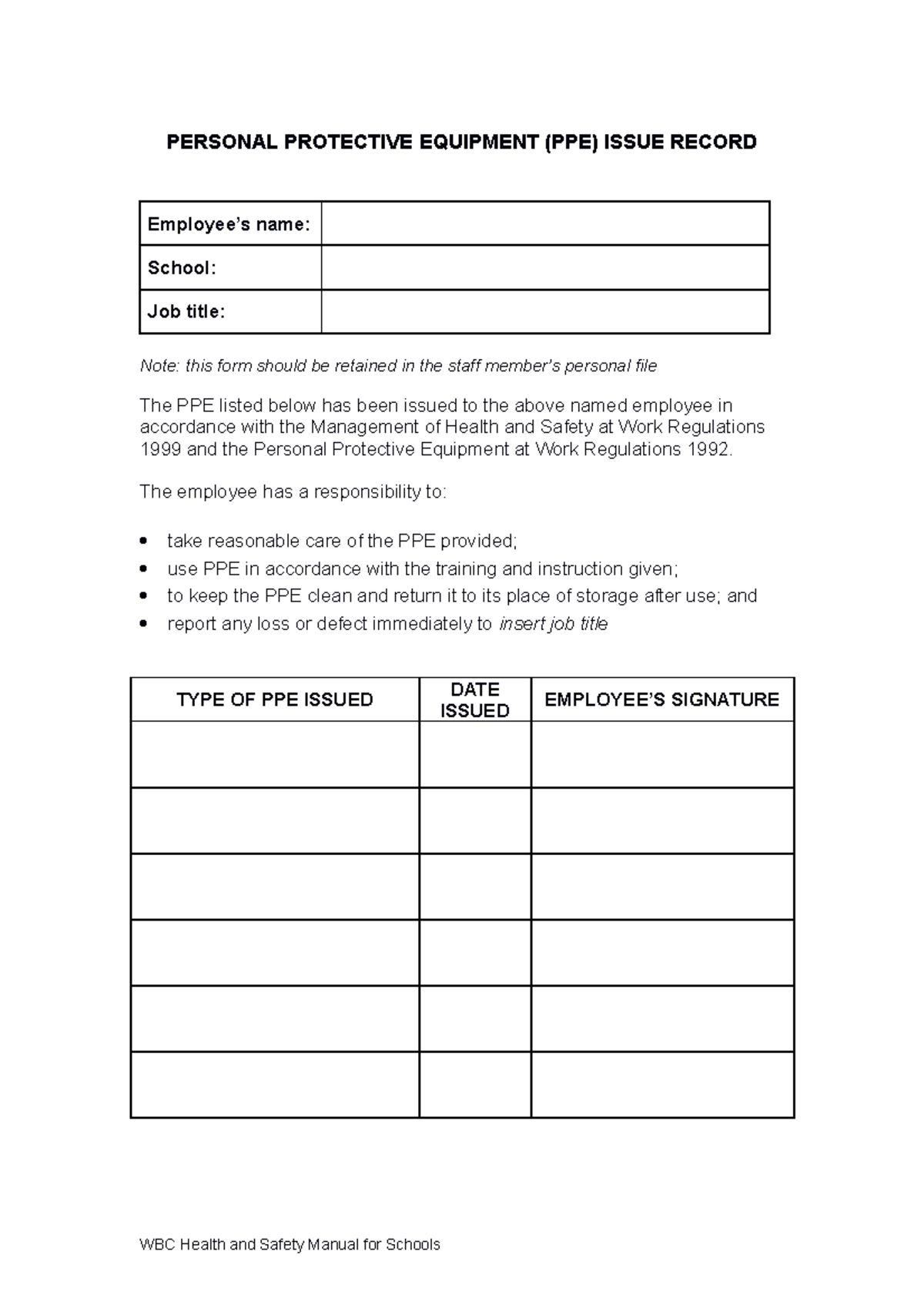 PPE Issue Record Template - PERSONAL PROTECTIVE EQUIPMENT (PPE) ISSUE ...