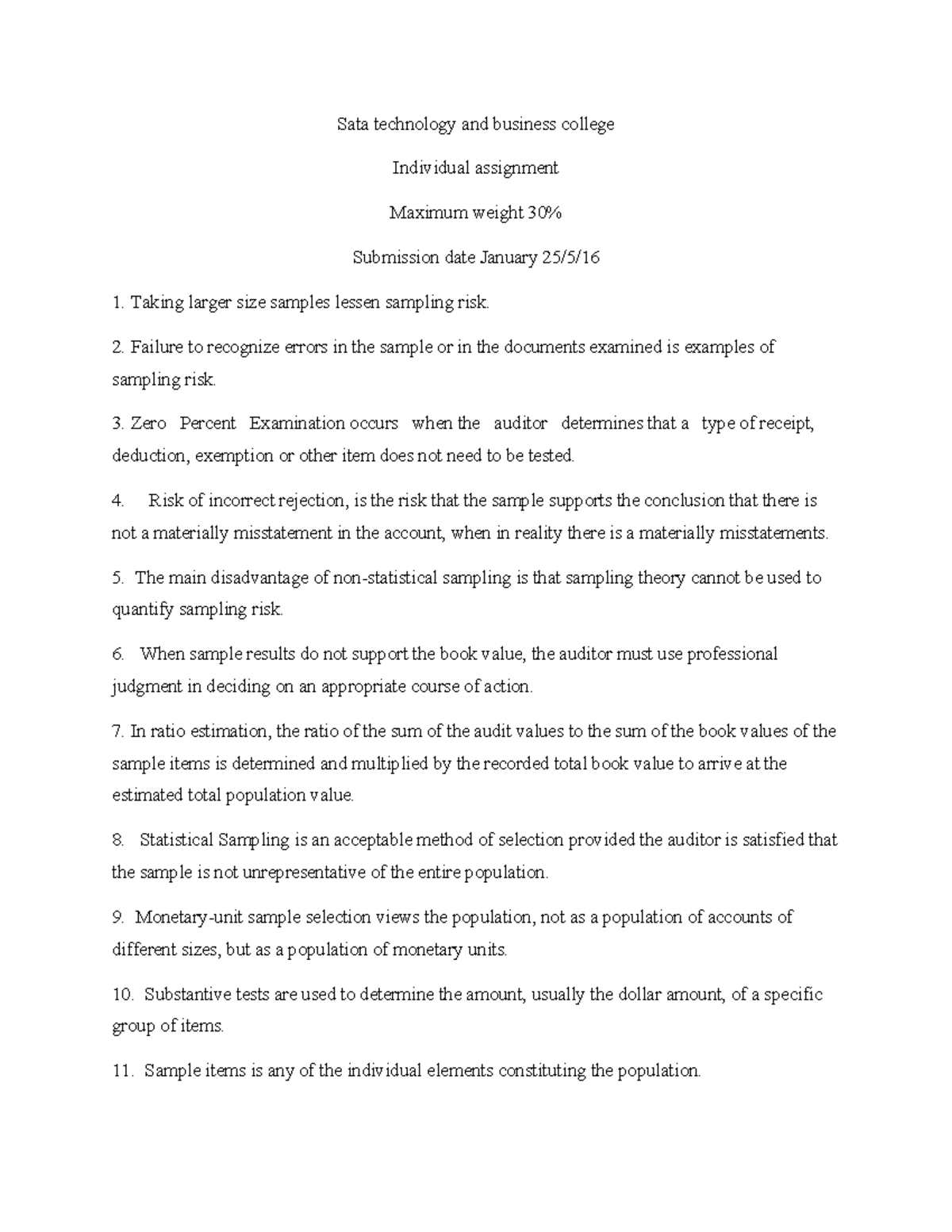 Audit assignment - Sata technology and business college Individual ...