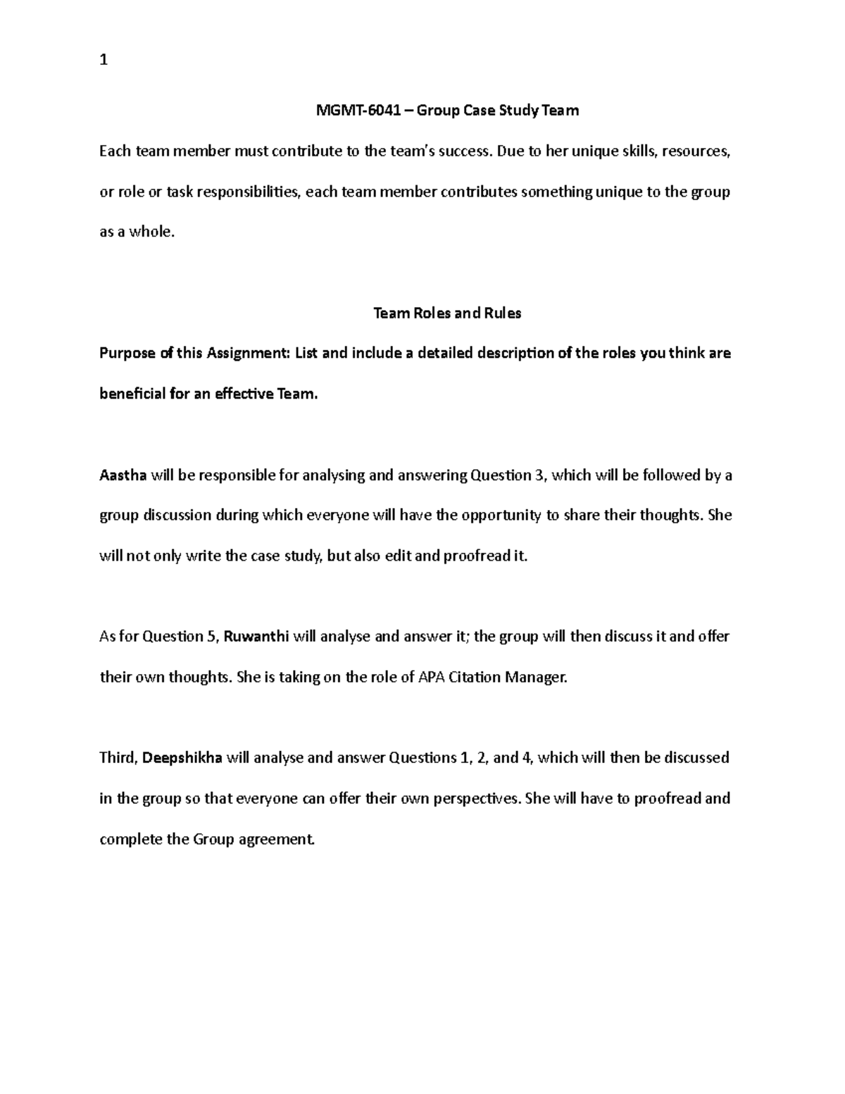 Group Work Agreement#1 - MGMT-6041 – Group Case Study Team Each team ...