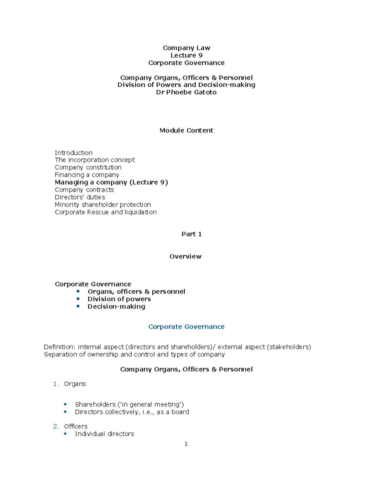 Lecture 9 Corporate Governance Outline (PG) - Company Law Lecture 9 ...