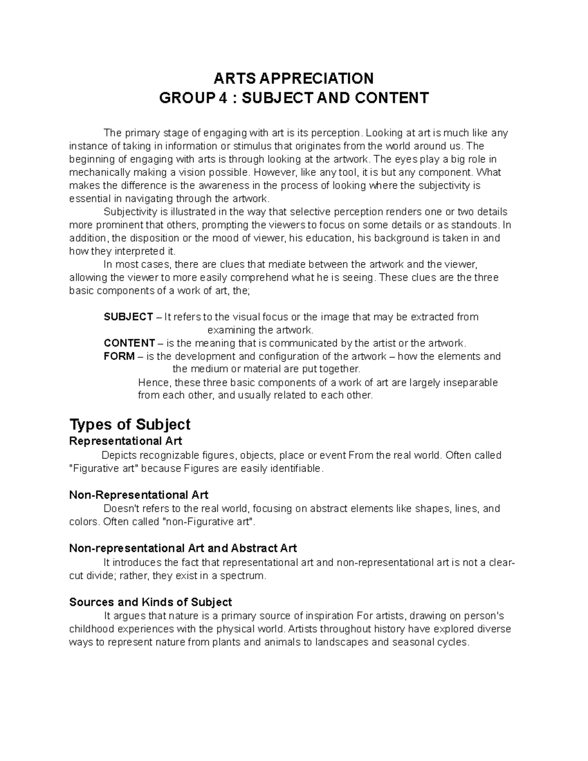 Group 4 ARTS Appreciation - ARTS APPRECIATION GROUP 4 : SUBJECT AND ...