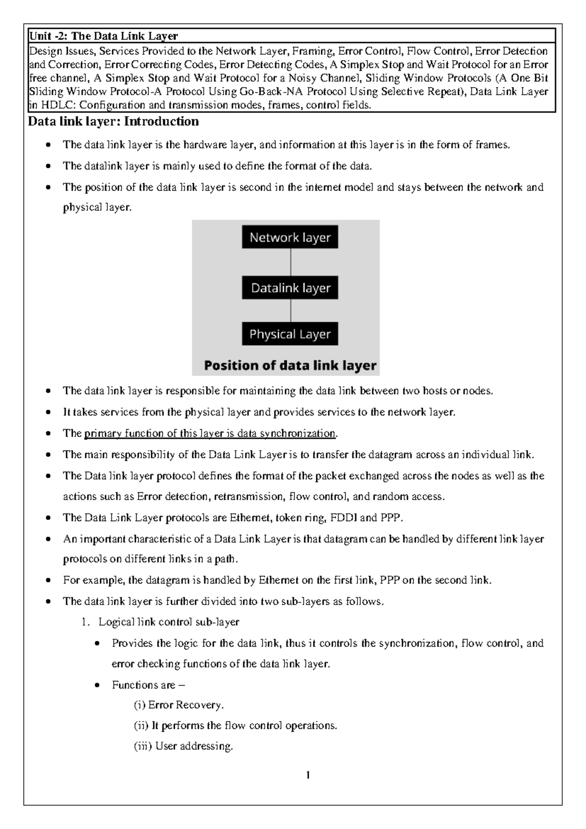 CN UNIT-2 - Computer Networks Material. - Unit - 2: The Data Link Layer Design Issues, Services ...