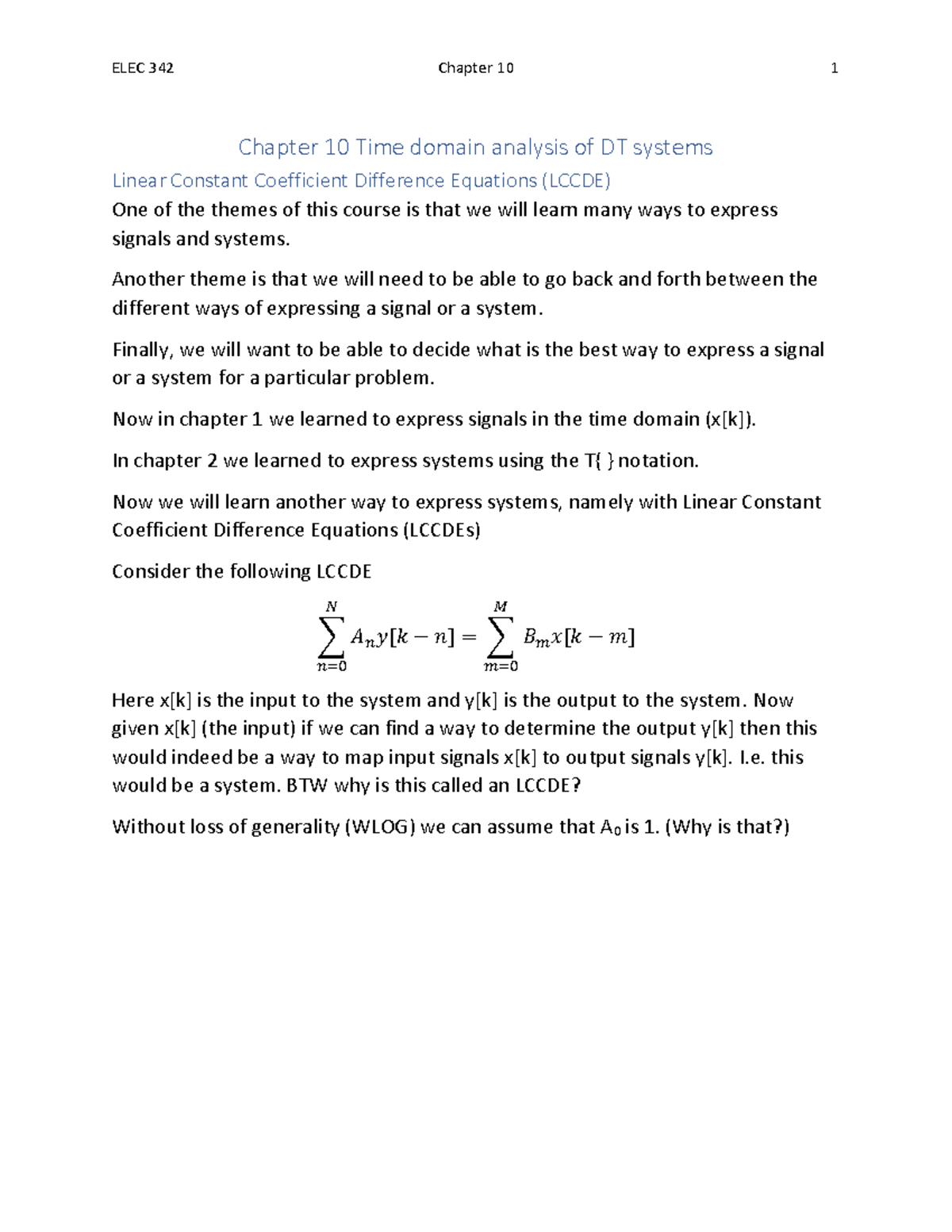 Elec 342 note ch 10 - Nil - Chapter 10 Time domain analysis of DT systems Linear Constant - Studocu