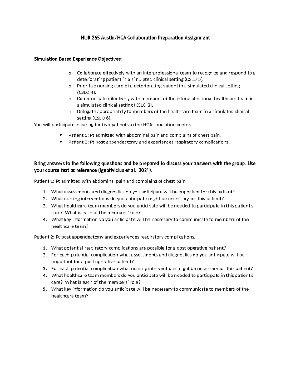 NUR 265 austin simulation preparation assignment - NUR 265 Austin/HCA ...
