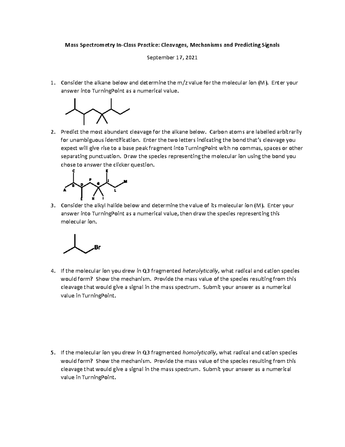 Sep 17 Mass Spec In Class Practice - Mass Spectrometry In-Class ...