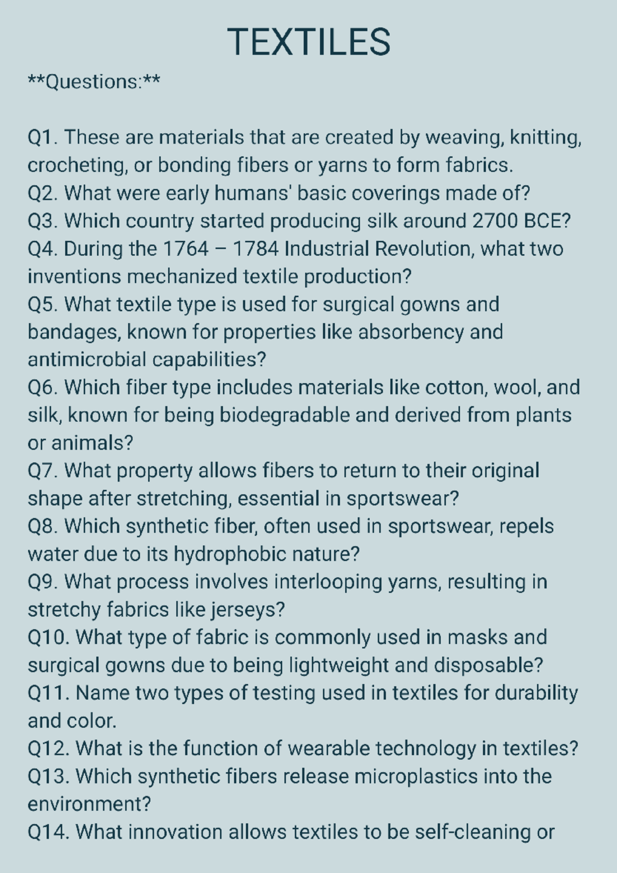 terms mat science - TEXTILES Q1. These are materials that are created ...