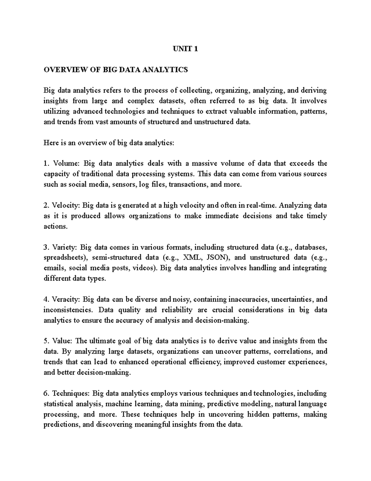 BIG DATA - IV BDA - handout - UNIT 1 OVERVIEW OF BIG DATA ANALYTICS Big data analytics refers to ...