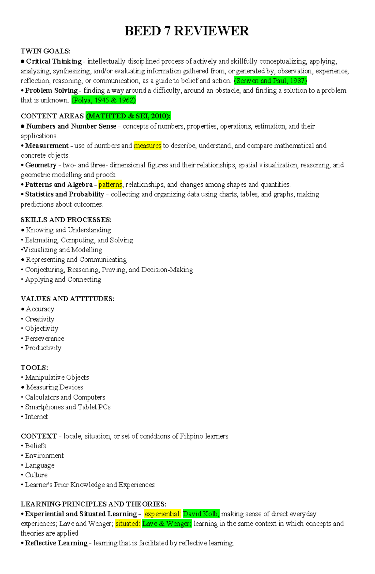 BEED 7 Reviewer - BEED 7 REVIEWER TWIN GOALS: • Critical Thinking ...