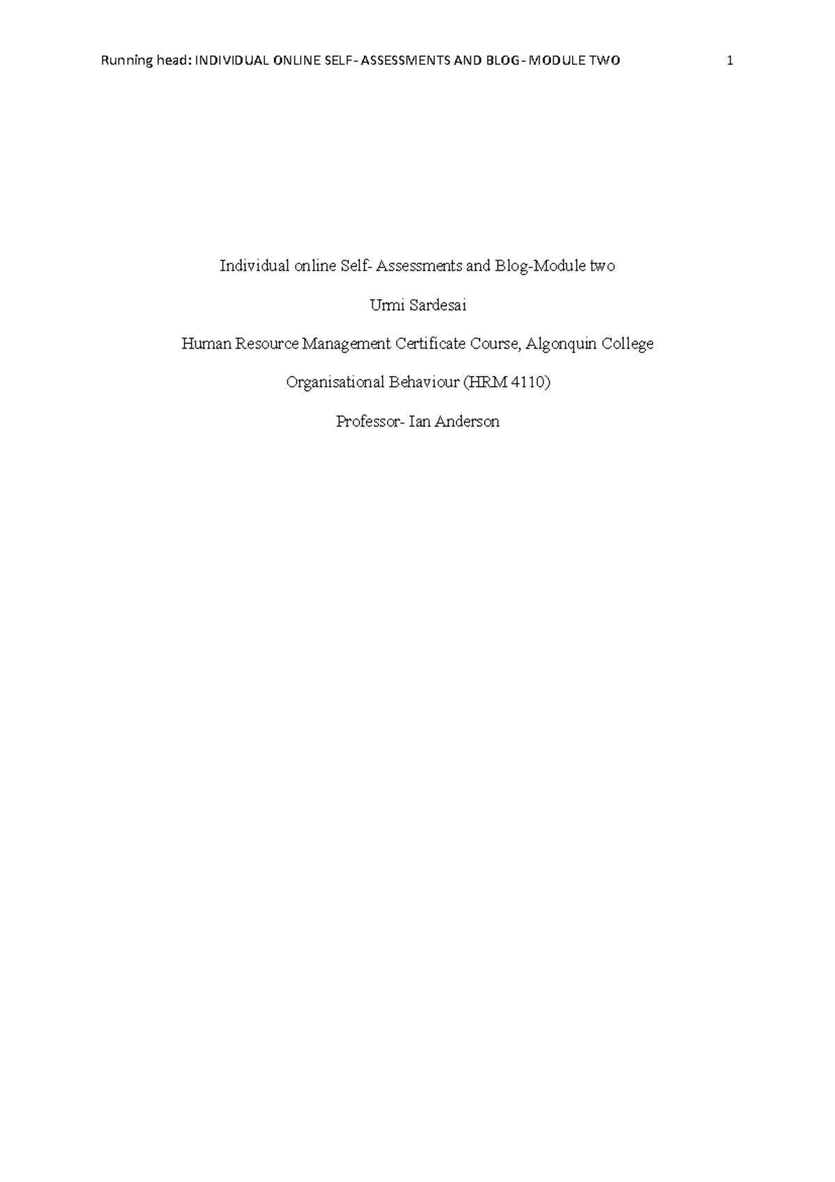 Self Assessments And Blog Module 2 Running Head INDIVIDUAL ONLINE self-assessments-and-blog-module-2-running-head-individual-online