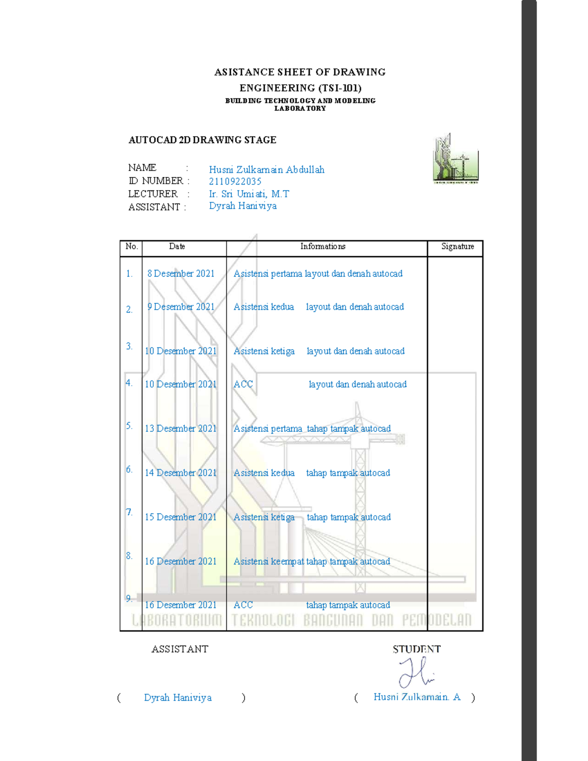 16 des - aadsasdassad - Husni Zulkarnain. A ) ASISTANCE SHEET OF ...