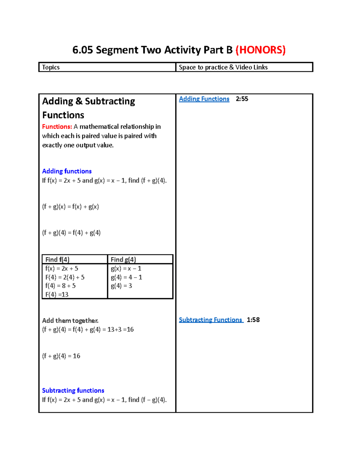 6 - notes for honors - 6 Segment Two Activity Part B (HONORS) Topics ...
