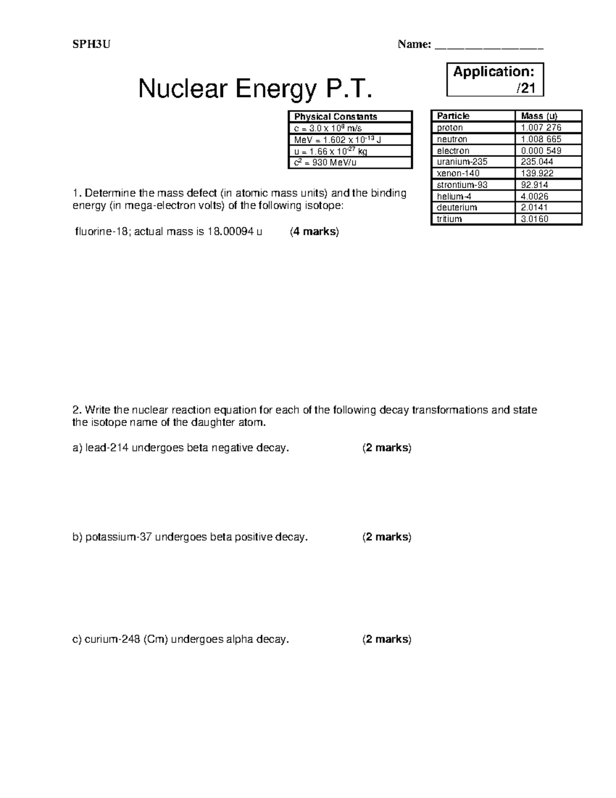 Nuclear Energy Performance Task - SPH3U Name ...